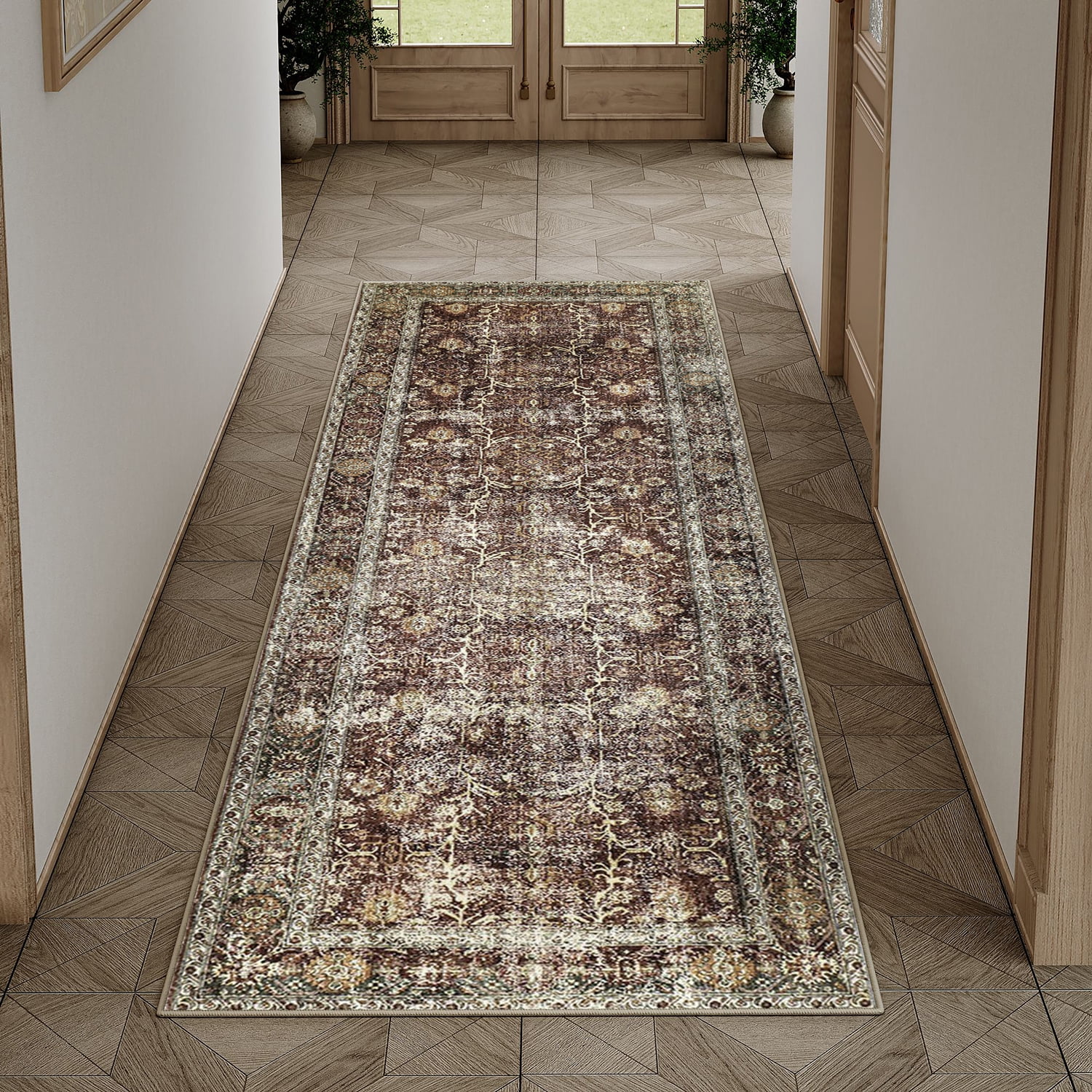 BERTHMEER 2'x6' Vintage Indoor Hallway Rug, Rust and Brown Floral ...