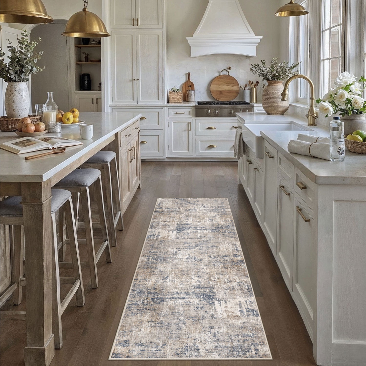 Berthmeer 2'x6' Washable Abstract Runner Rug, Blue and Brown, Polyester ...