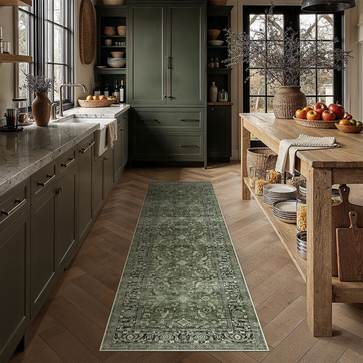 Berthmeer 2'x8' Green Vintage Oriental Runner Rug, Washable, Soft ...