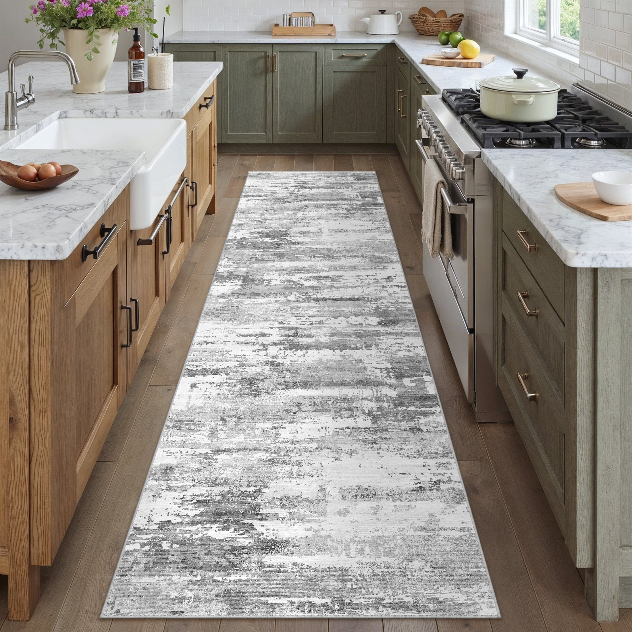 Berthmeer 2'x8' Runner Rug, Washable, Short Hair Abstract Design, Gray ...