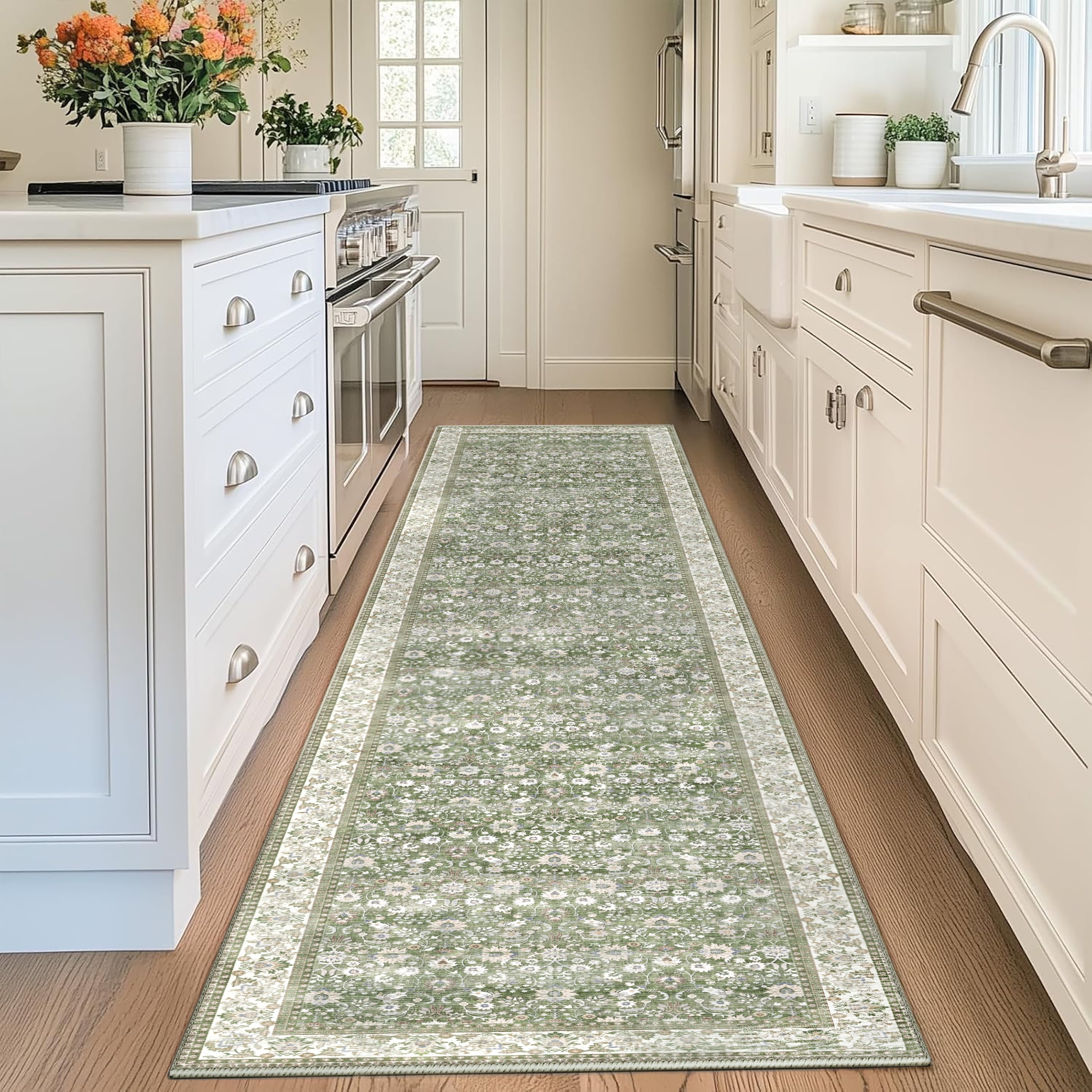 Berthmeer 2'x8' Green Vintage Runner Rug, Washable Hallway Carpet with ...