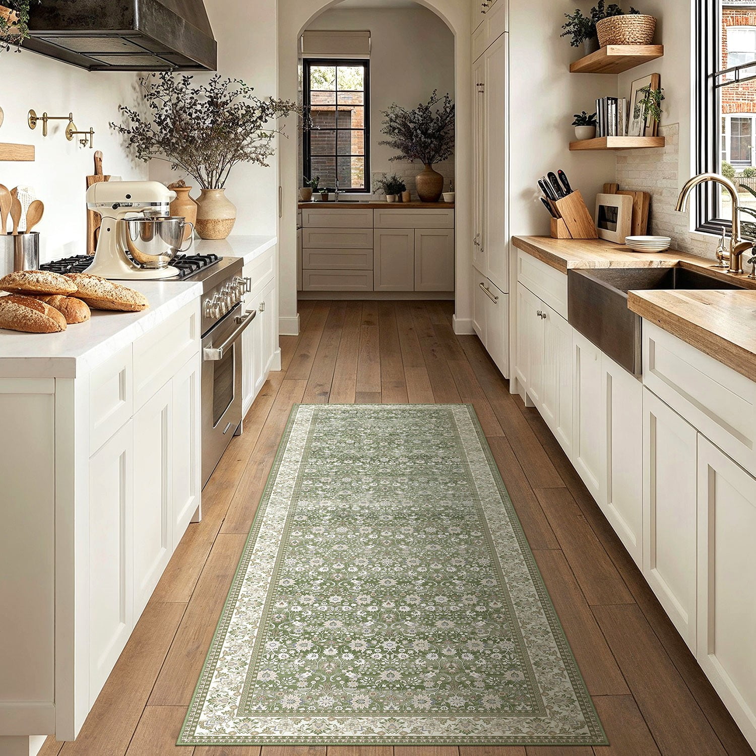 Berthmeer 2'x8' Green Vintage Runner Rug, Washable Hallway Carpet with ...
