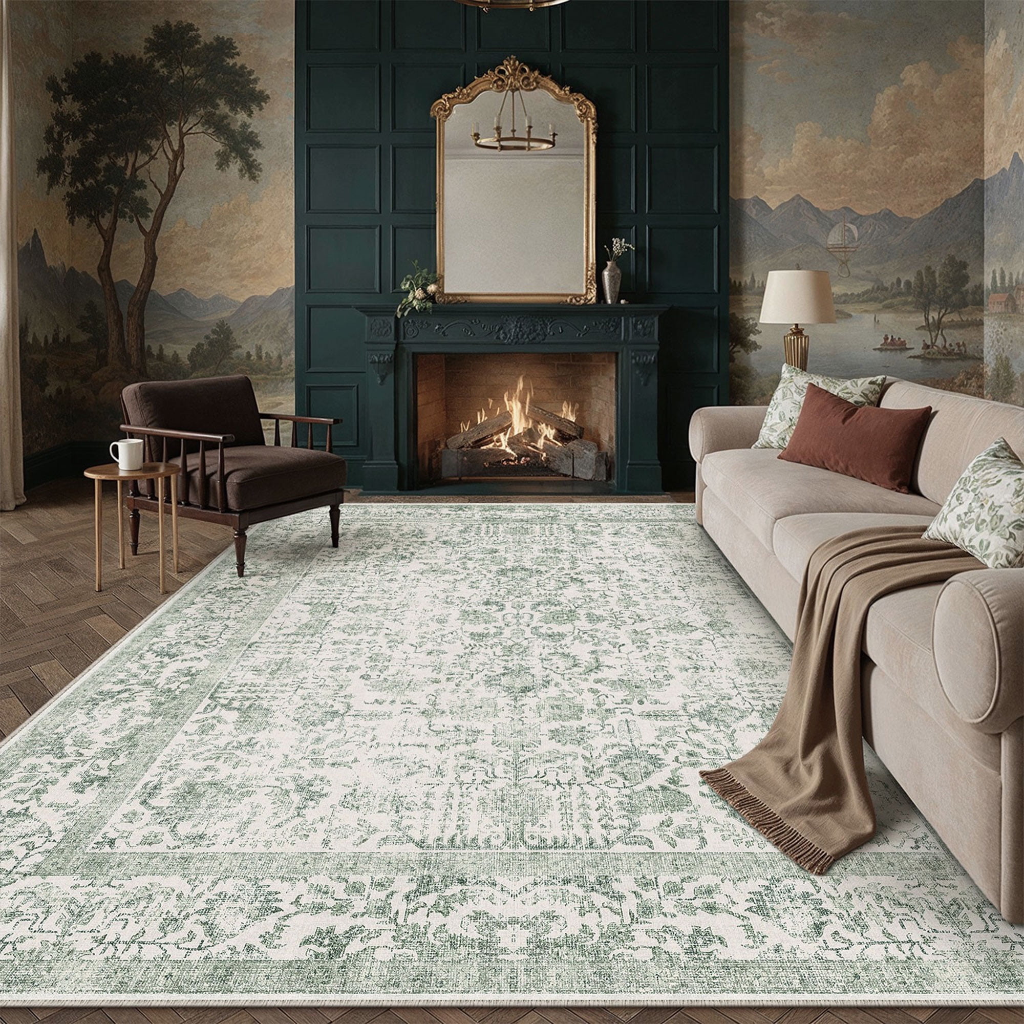 Berthmeer 4'x6' Washable Oriental Rug, Vintage Green Throw Rug for ...