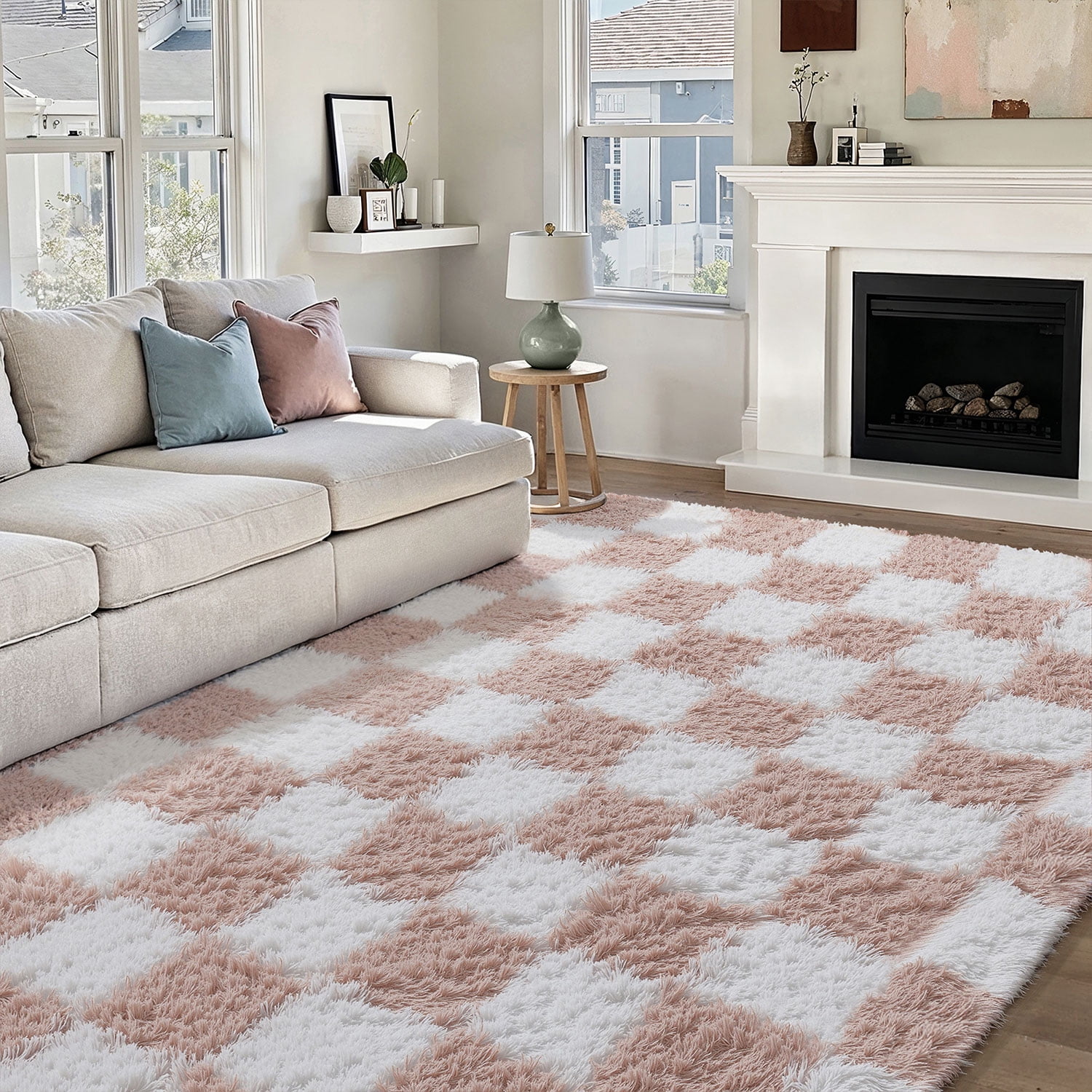 BERTHMEER 5'×8' Fluffy Checkered Area Rugs for Living Room Bedroom ...