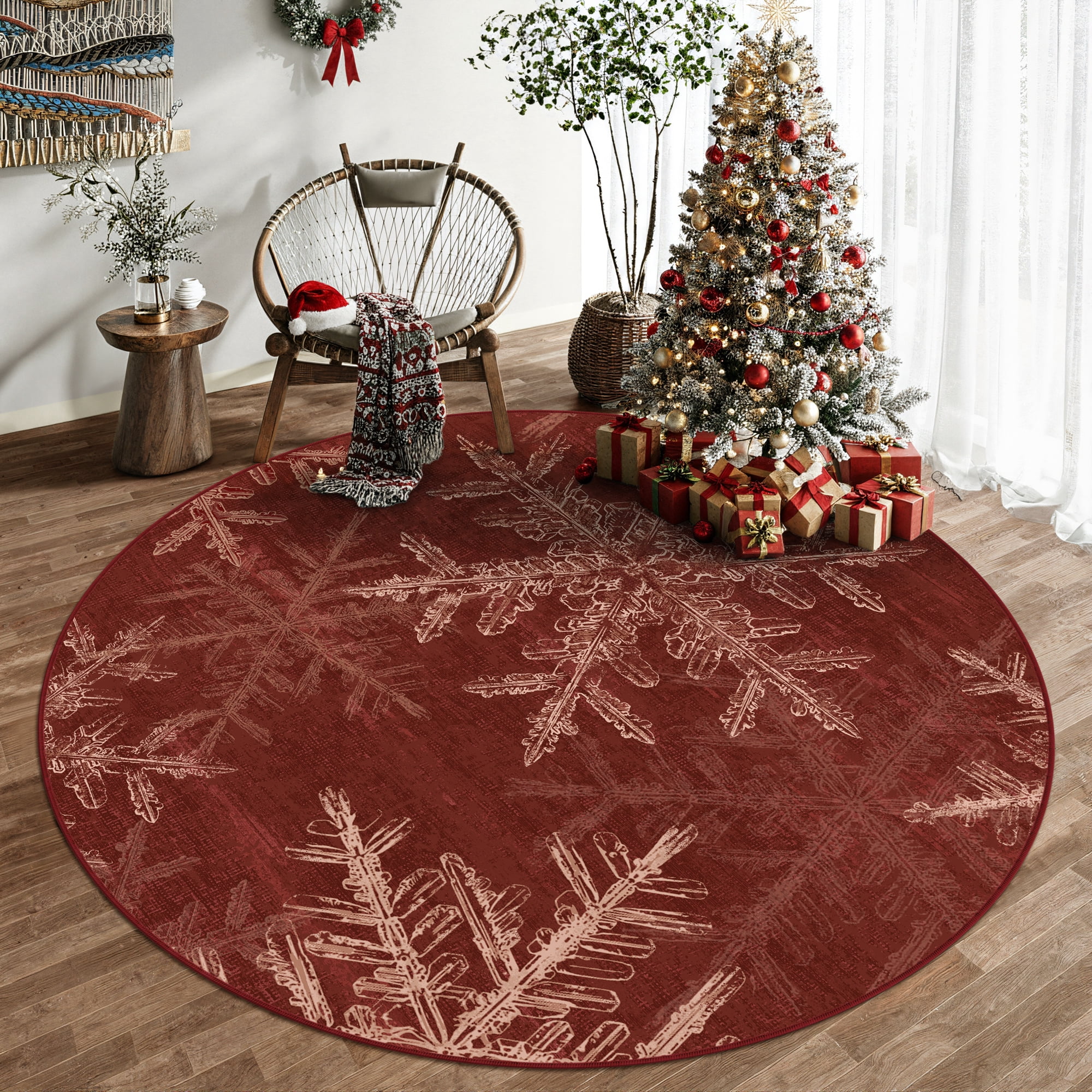 BERTHMEER 5'x5' Round Rug,5' Round Christmas Area Rug Red Christmas ...