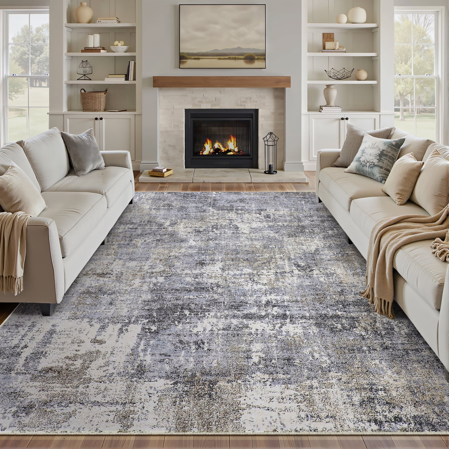 BERTHMEER 5'x7' Abstract Indoor Rugs, Modern Gray, Non-slip, Machine ...
