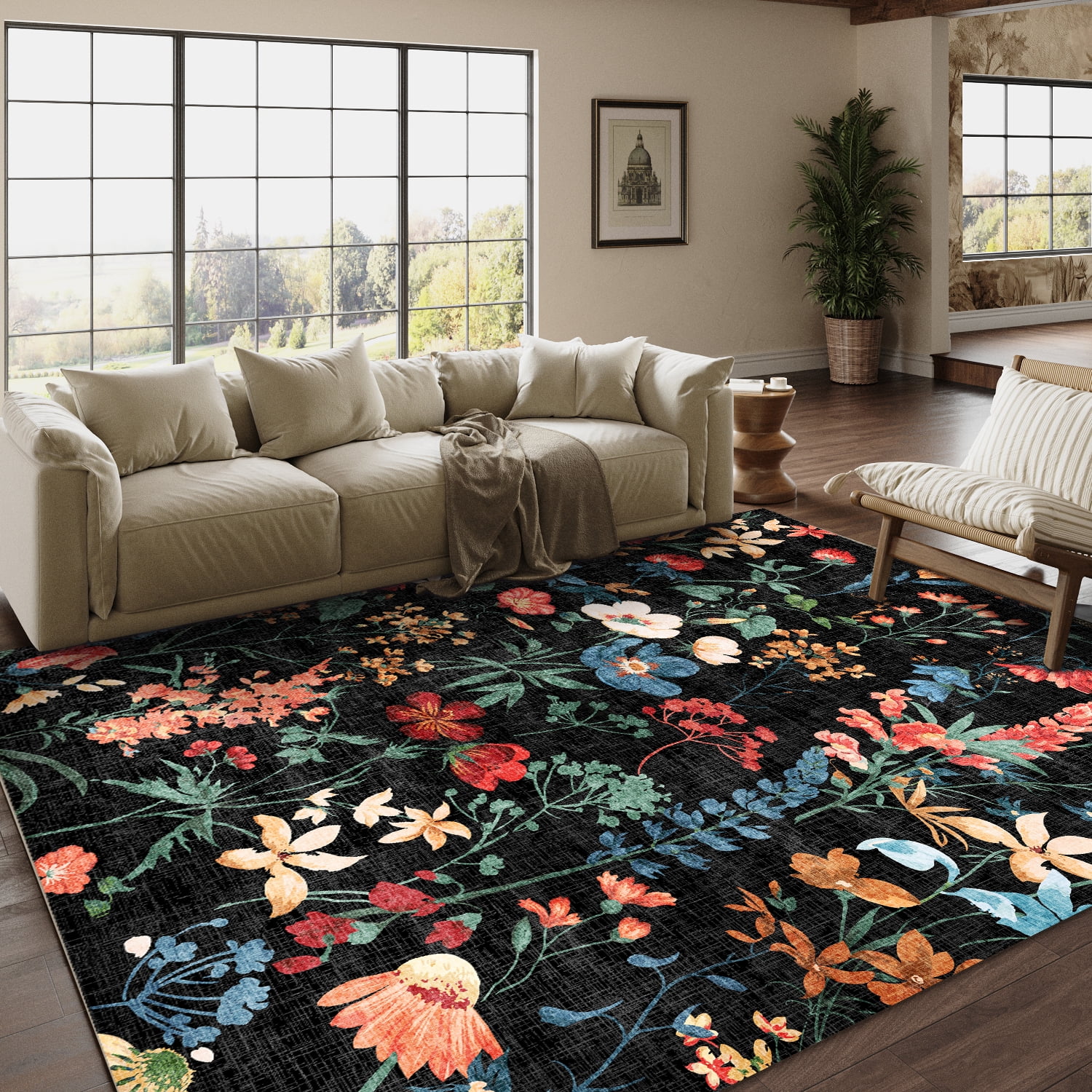 BERTHMEER 5'x7' Black Floral Area Rugs for Living Room Bedroom Kitchen ...