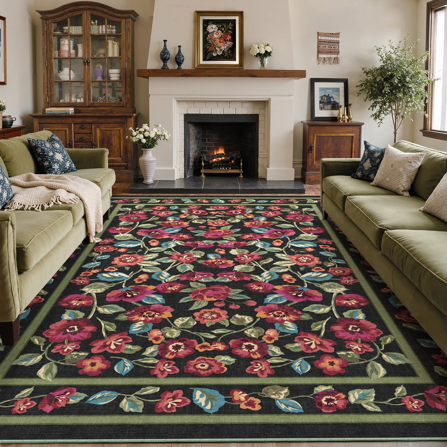 BERTHMEER 5'x7' Black Pink Flower Area Rugs for Living Room Bedroom ...