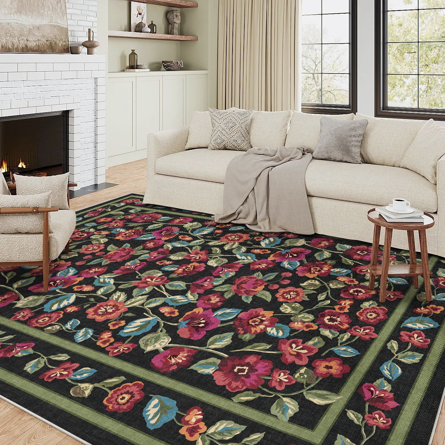BERTHMEER 5'x7' Black Pink Flower Area Rugs for Living Room Bedroom ...