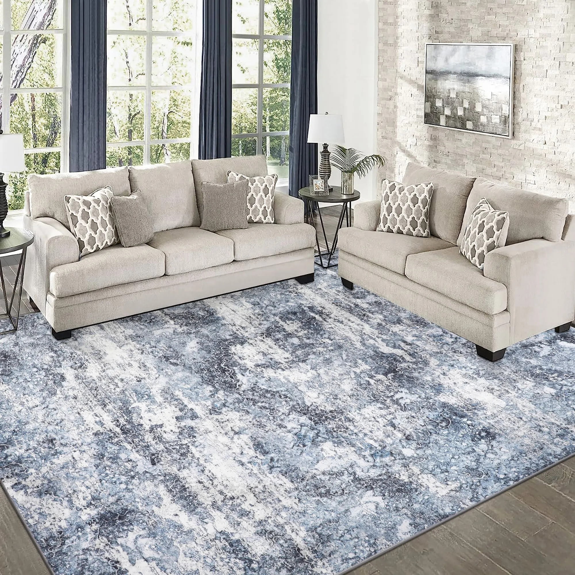 BERTHMEER 5'x7' Blue Abstract Area Rugs for Living Room Bedroom ...