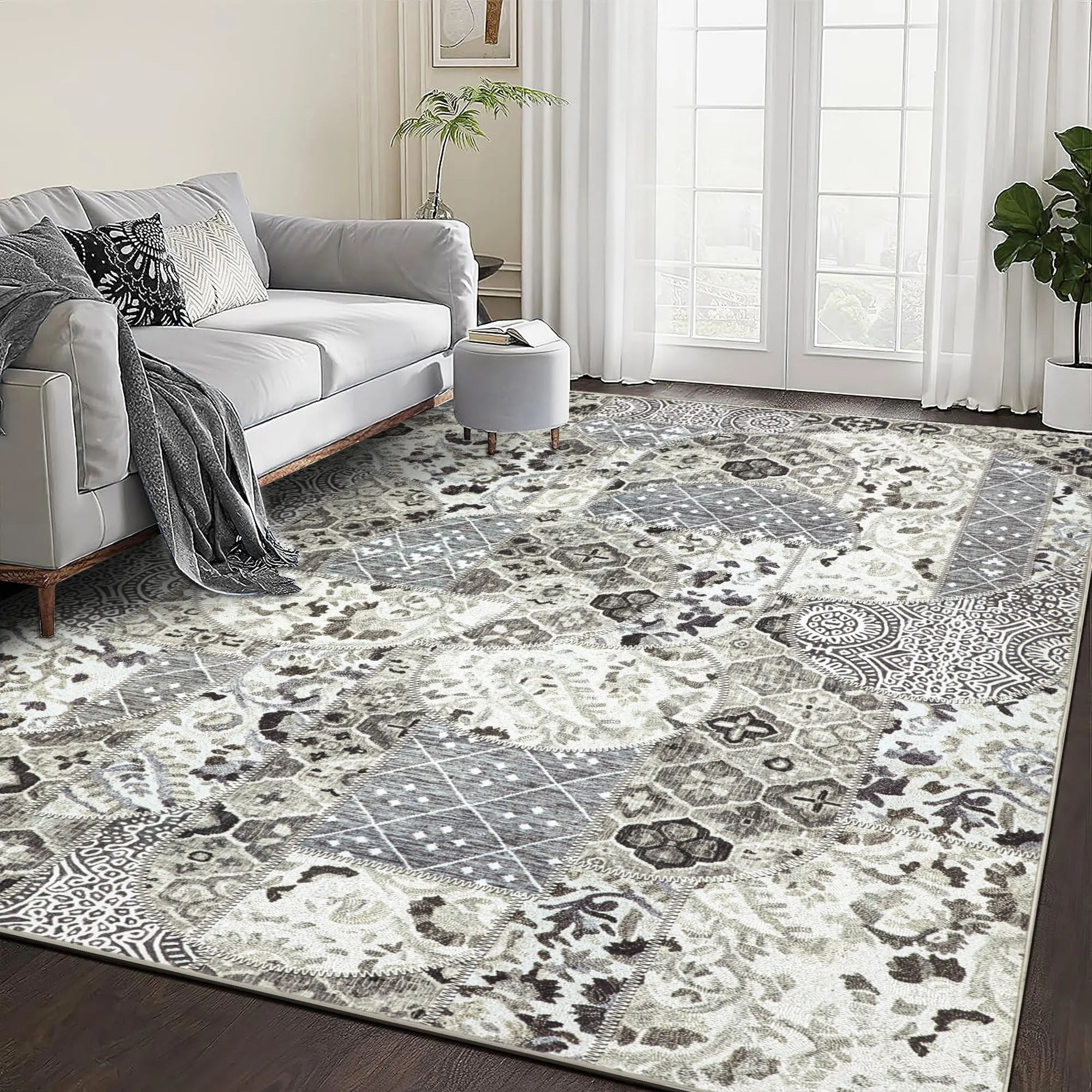 BERTHMEER 5'x7' Boho Abstract Rug, Geometric Design, Gray, Non-Slip ...