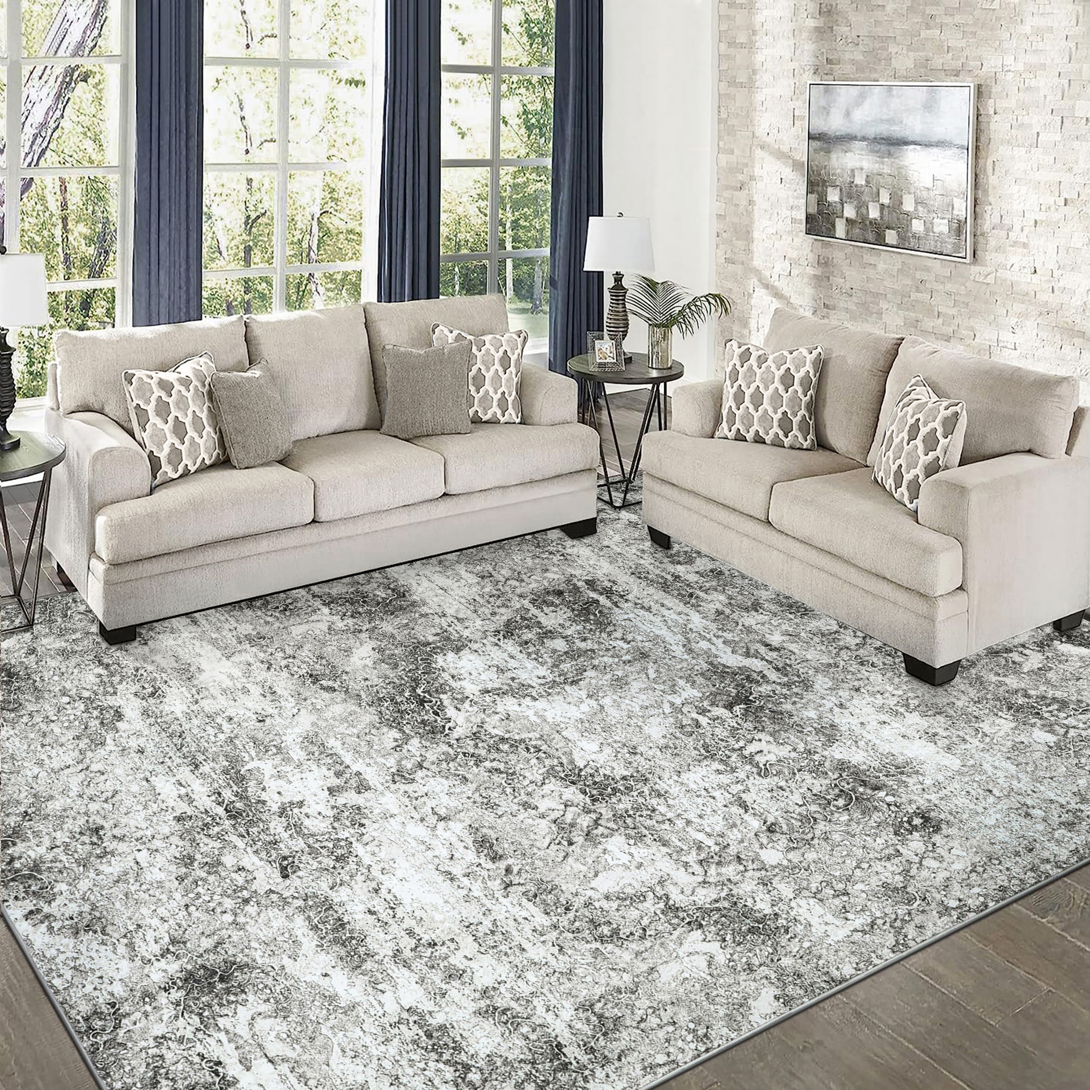 Mainstays Neutral Abstract Washable Indoor Area Rug, Abstract Neutral ...