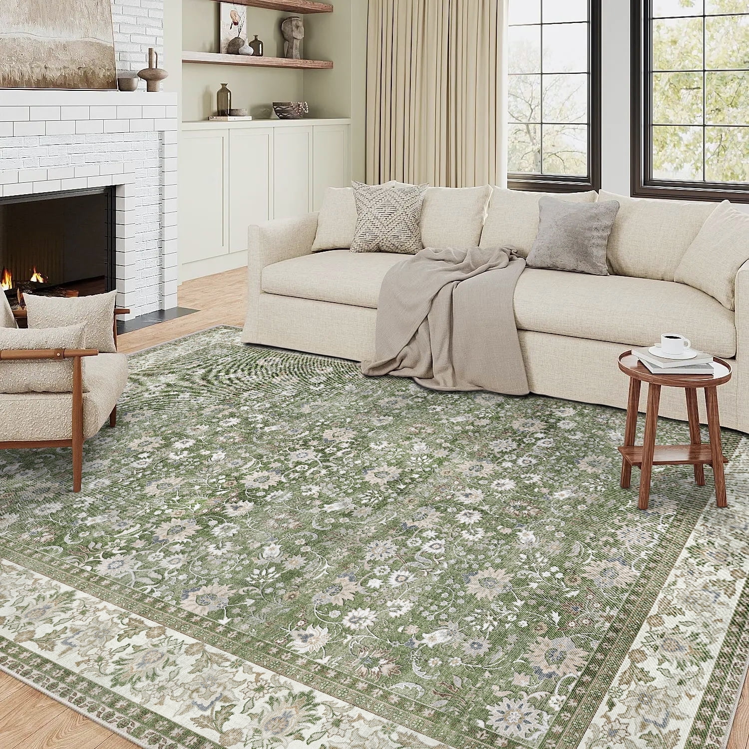 Berthmeer 5'x7' Washable Green Oriental Area Rug, Polyester, Vintage ...