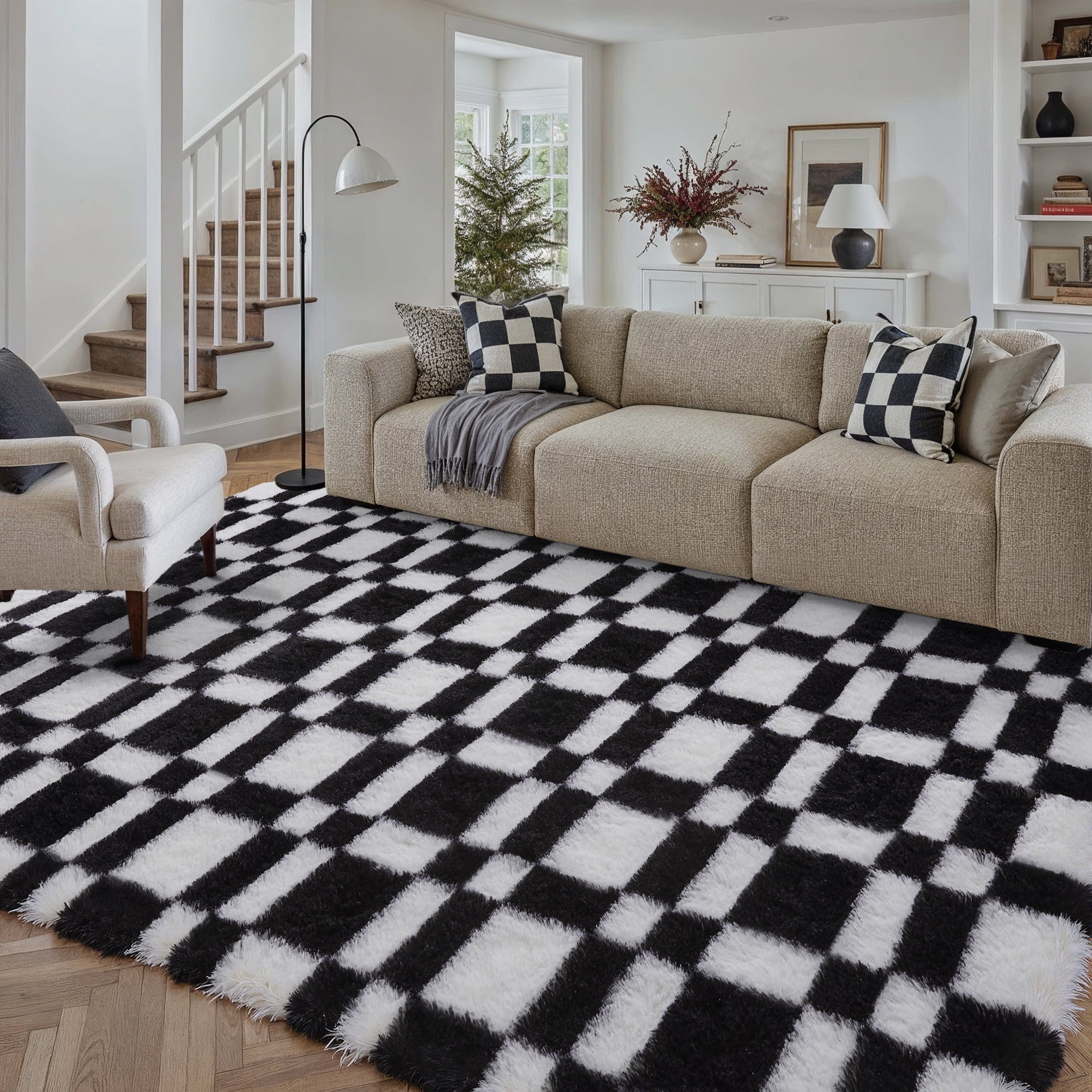 BERTHMEER 5'x8' Checkered Rug for Living Room, Modern Black and White ...