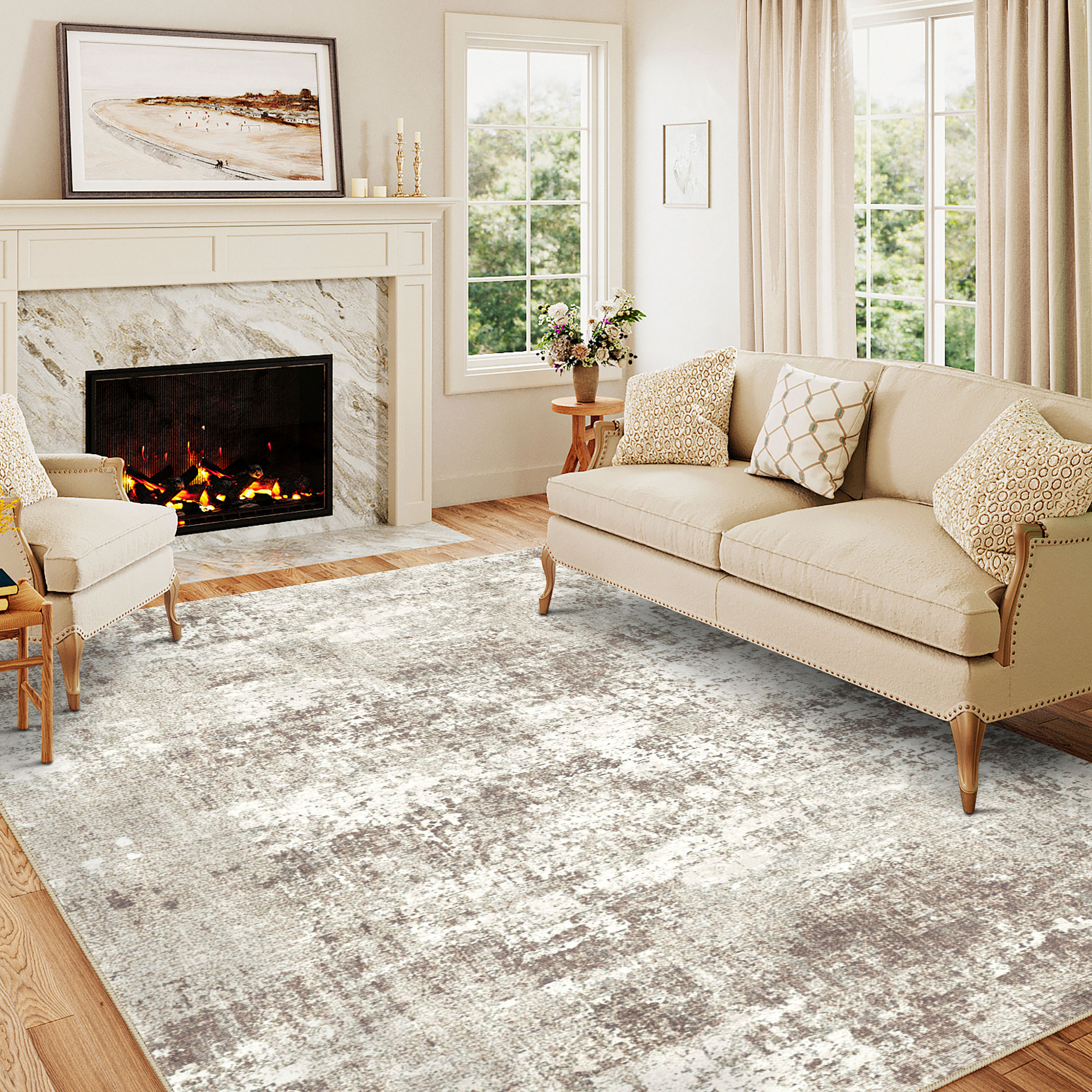 BERTHMEER 6'x9' Beige Abstract Area Rugs for Living Room Bedroom Dining ...