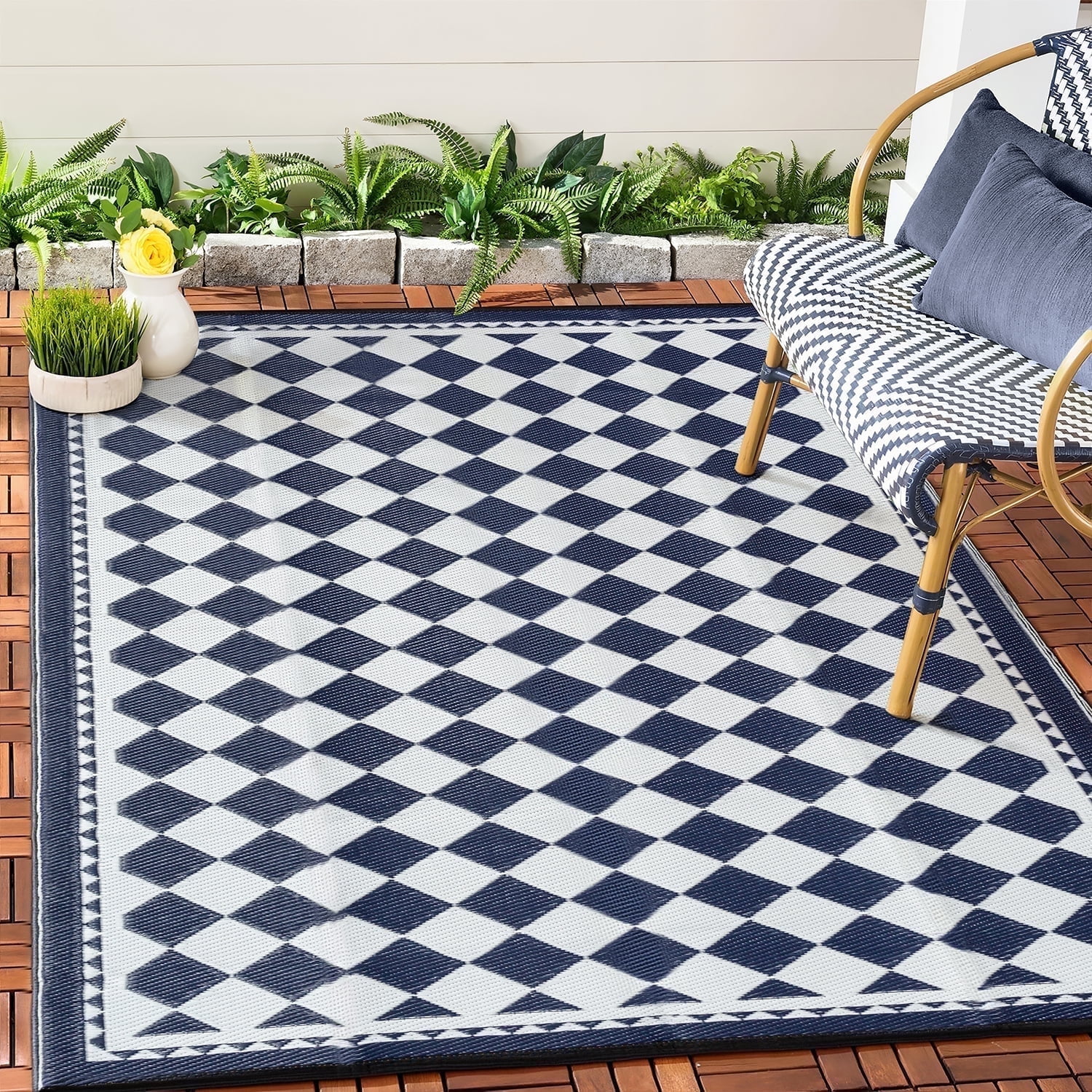 BERTHMEER 6'x9' Checkered Deep Blue White Outdoor Rugs on Sale ...