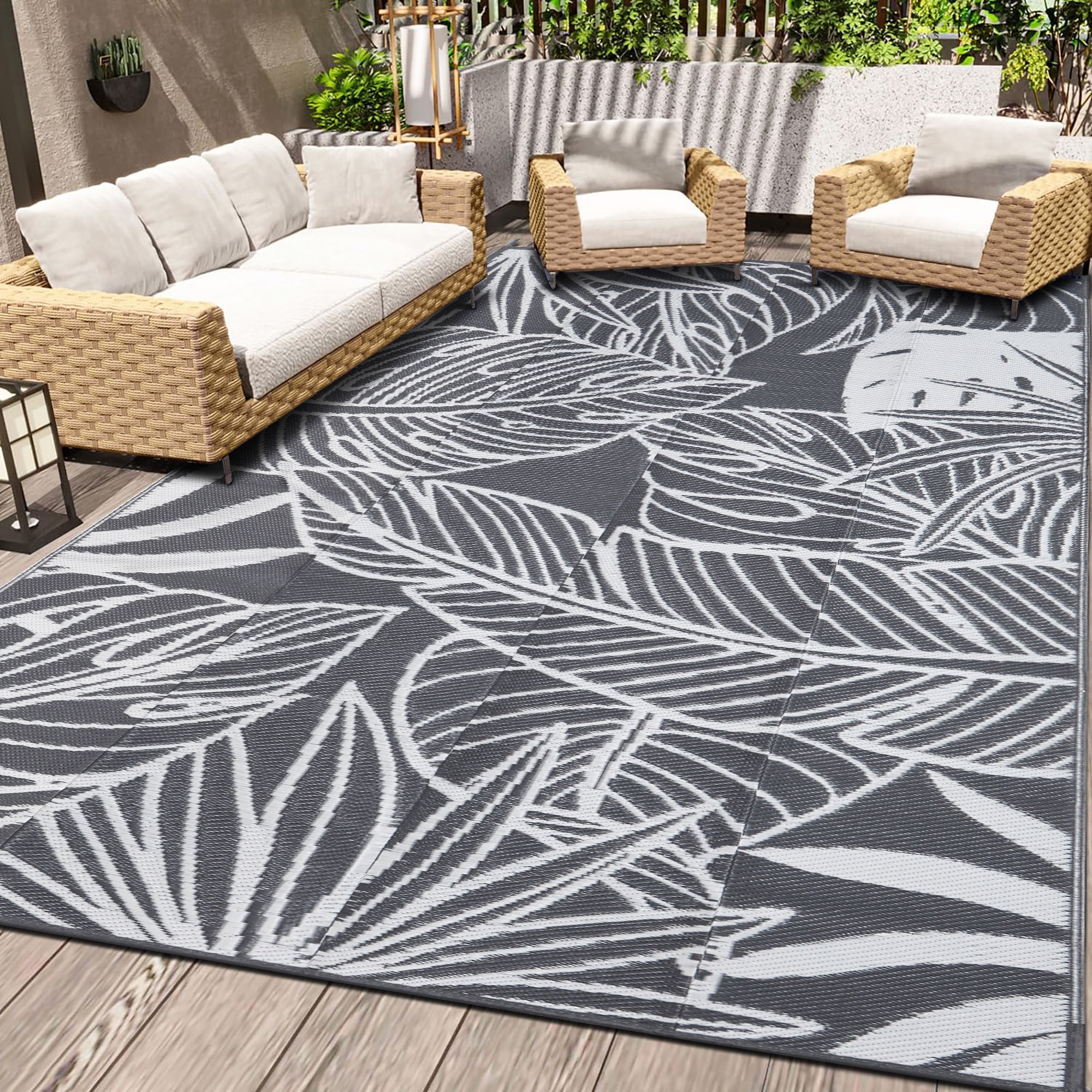 BERTHMEER 6'x9' Reversible Gray Leaf Outdoor Rug, Waterproof Patio ...