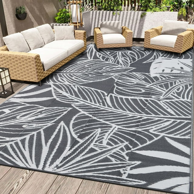 BERTHMEER 6'x9' Reversible Gray Leaf Outdoor Rug, Waterproof Patio ...
