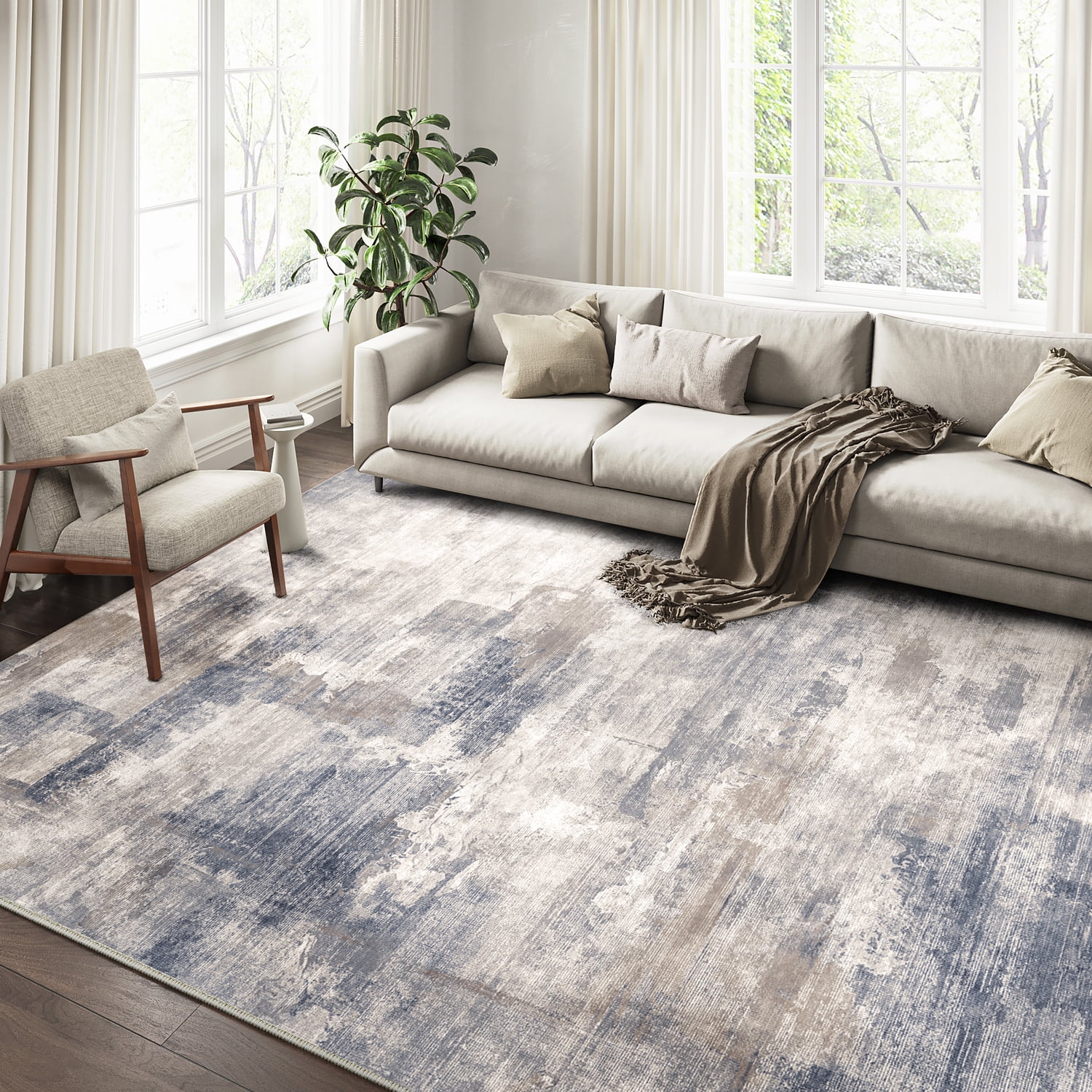 Berthmeer 6'x9' Washable Area Rug, Abstract Blue Brown, Non-Slip ...