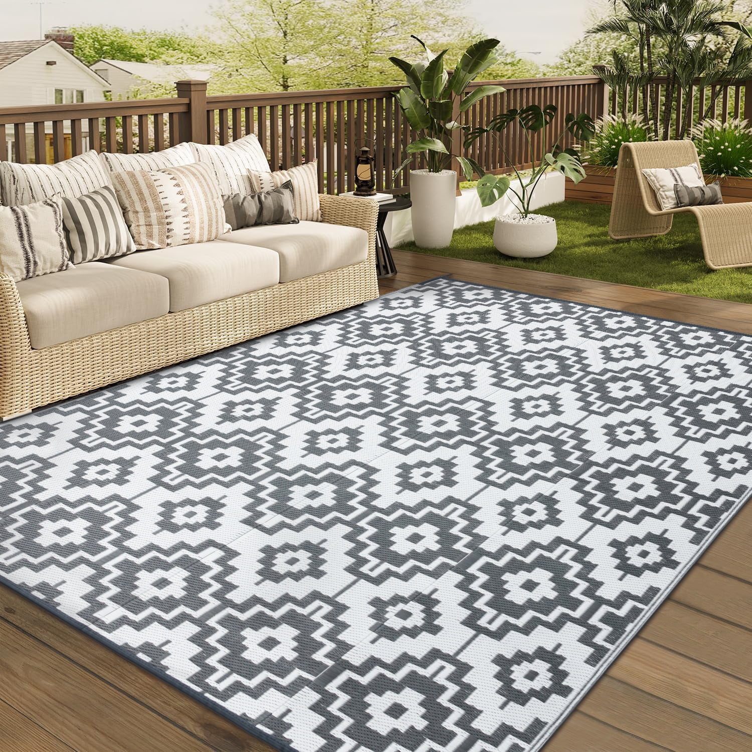 HUGEAR 6x9 ft Outdoor Area Rug, Grey/White, Waterproof, Washable, Ideal ...
