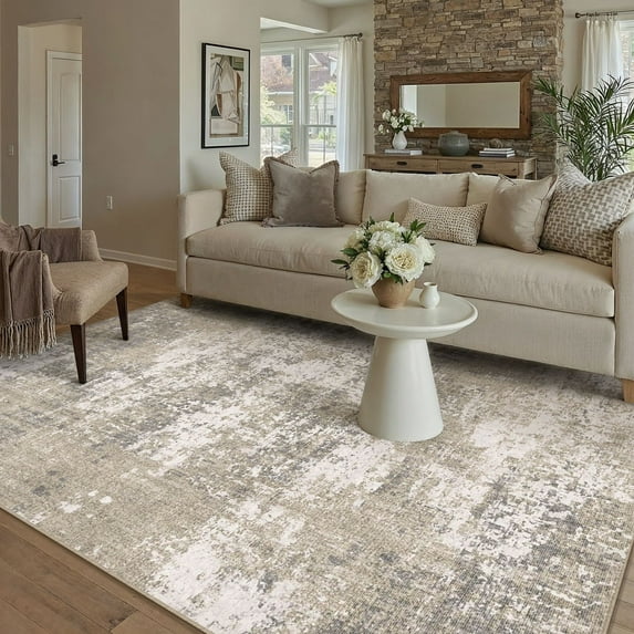 Berthmeer 8'x10' Abstract Area Rugs, Machine Washable, Beige Gray ...