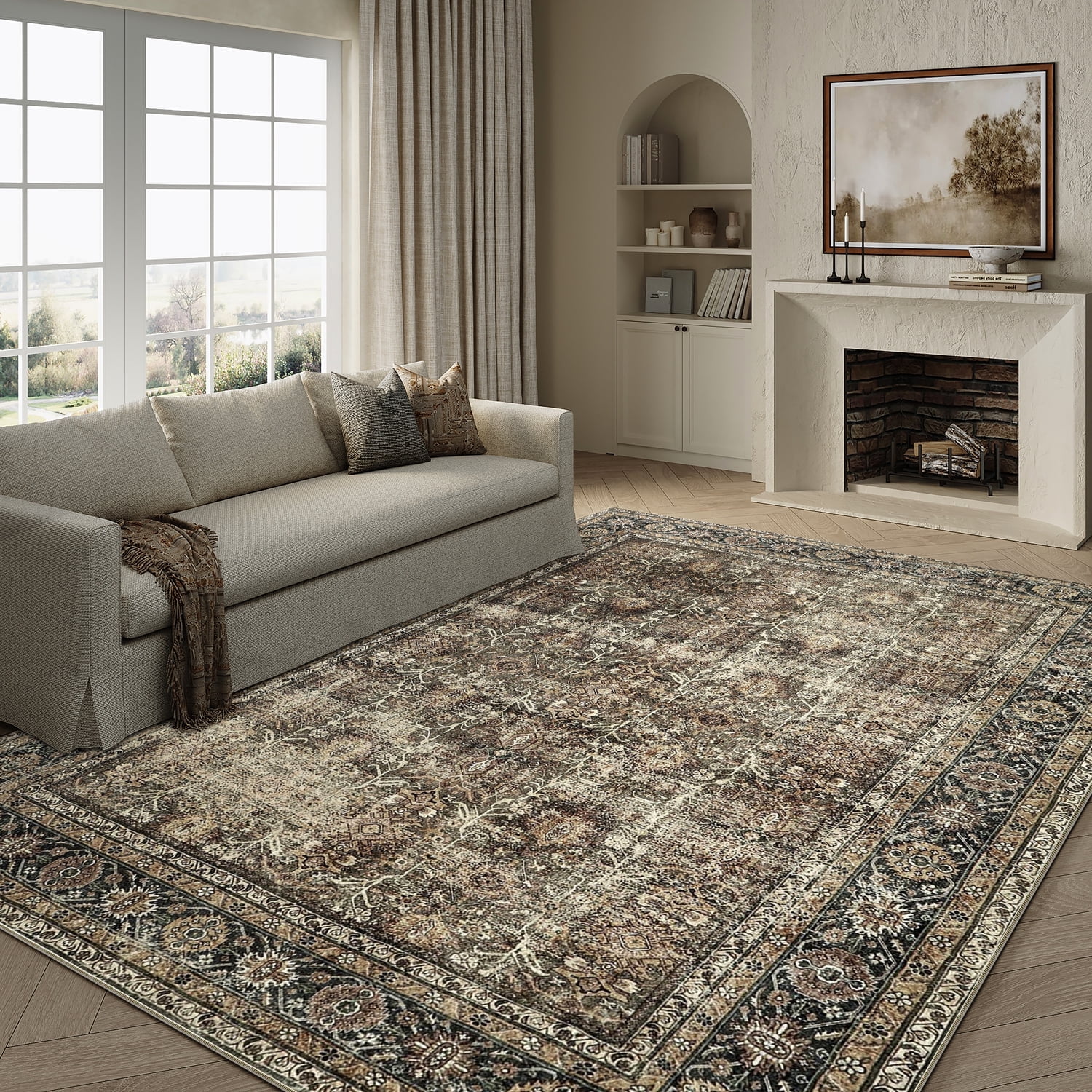 BERTHMEER 8'x10' Vintage Oriental Distressed Rug, Brown, Non-Slip ...