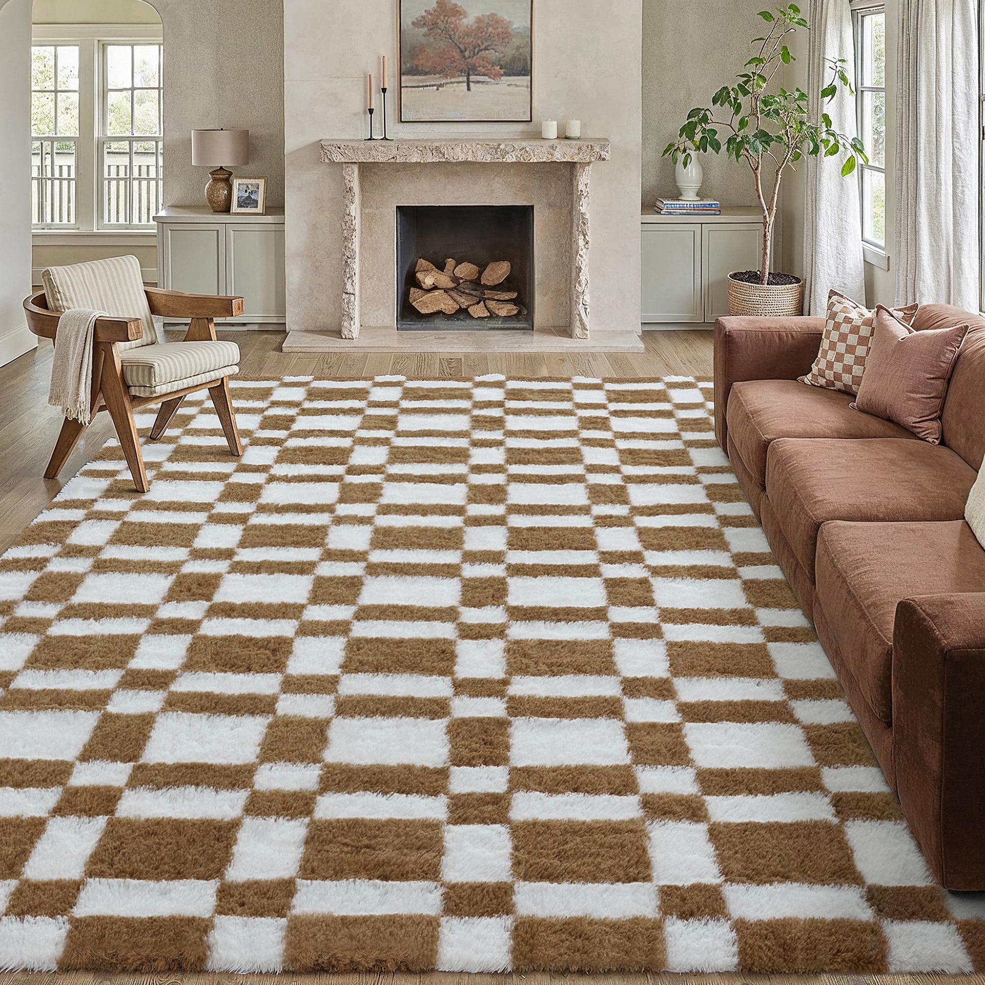 BERTHMEER 8'x10' Checkered Rug for Living Room, Modern Brown and White ...