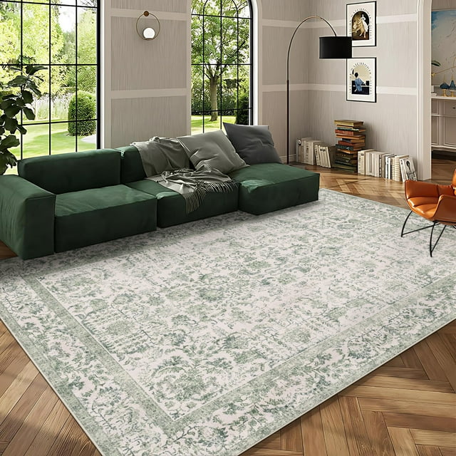 BERTHMEER 8'x10' Low Pile Oriental Area Rug, Washable Vintage Green Rug ...