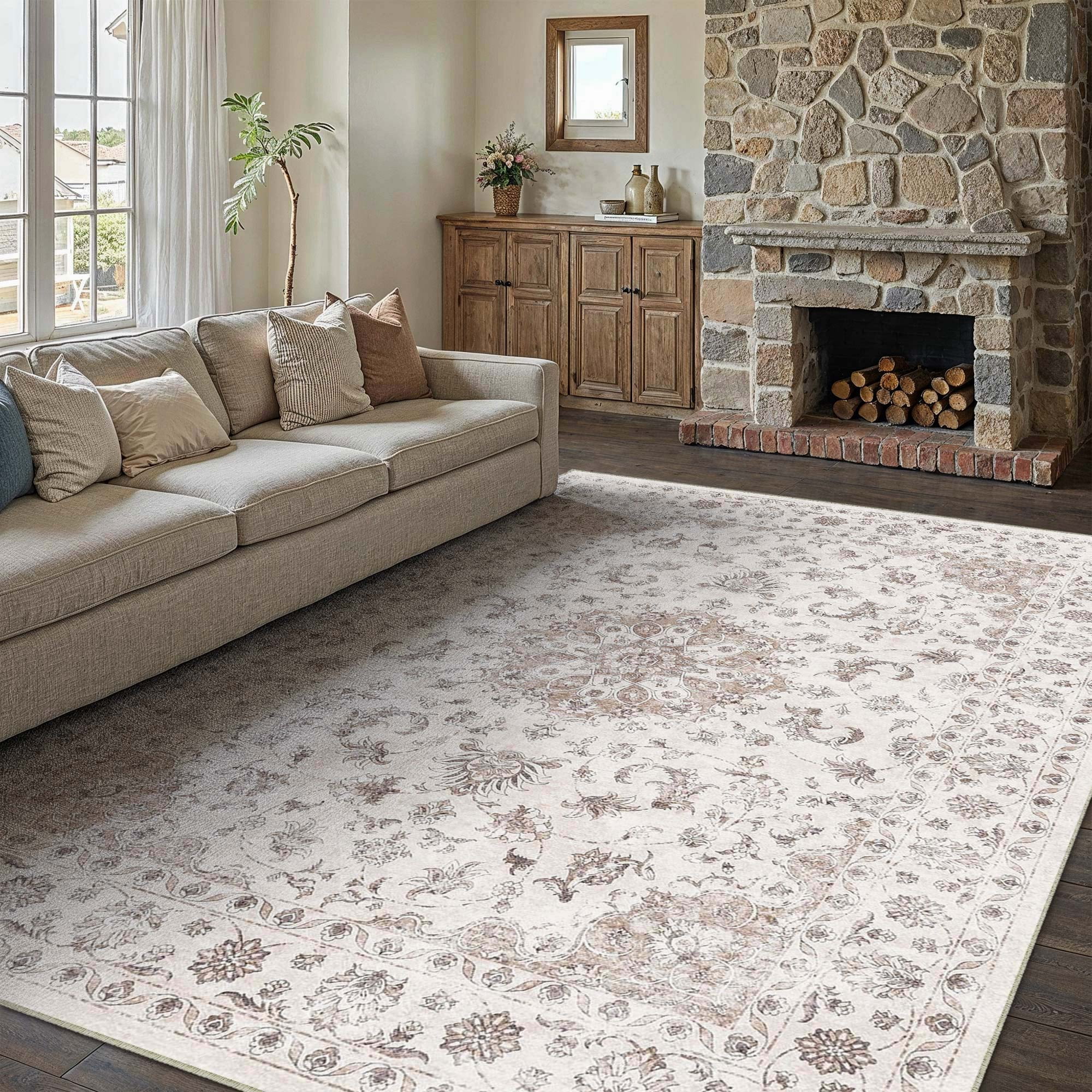 Berthmeer 9'x12' Vintage Polyester Area Rug, Brown Oriental Non-Slip ...