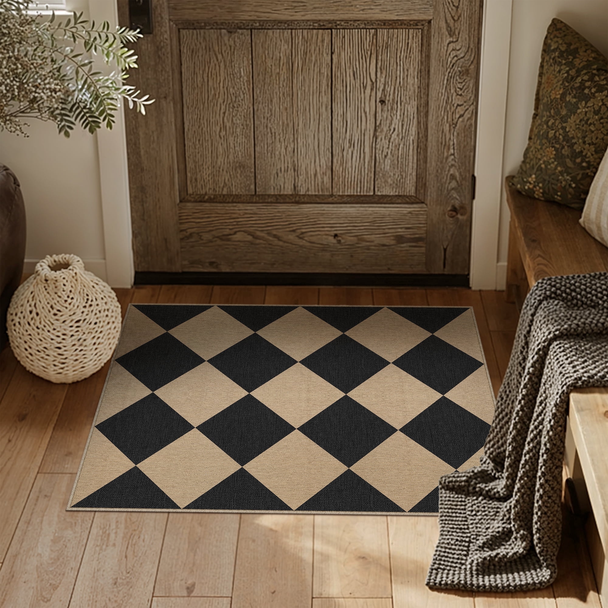 BERTHMEER Checkered 2'x3' Easy Jute Kitchen Rug, Front Door Mat Non ...