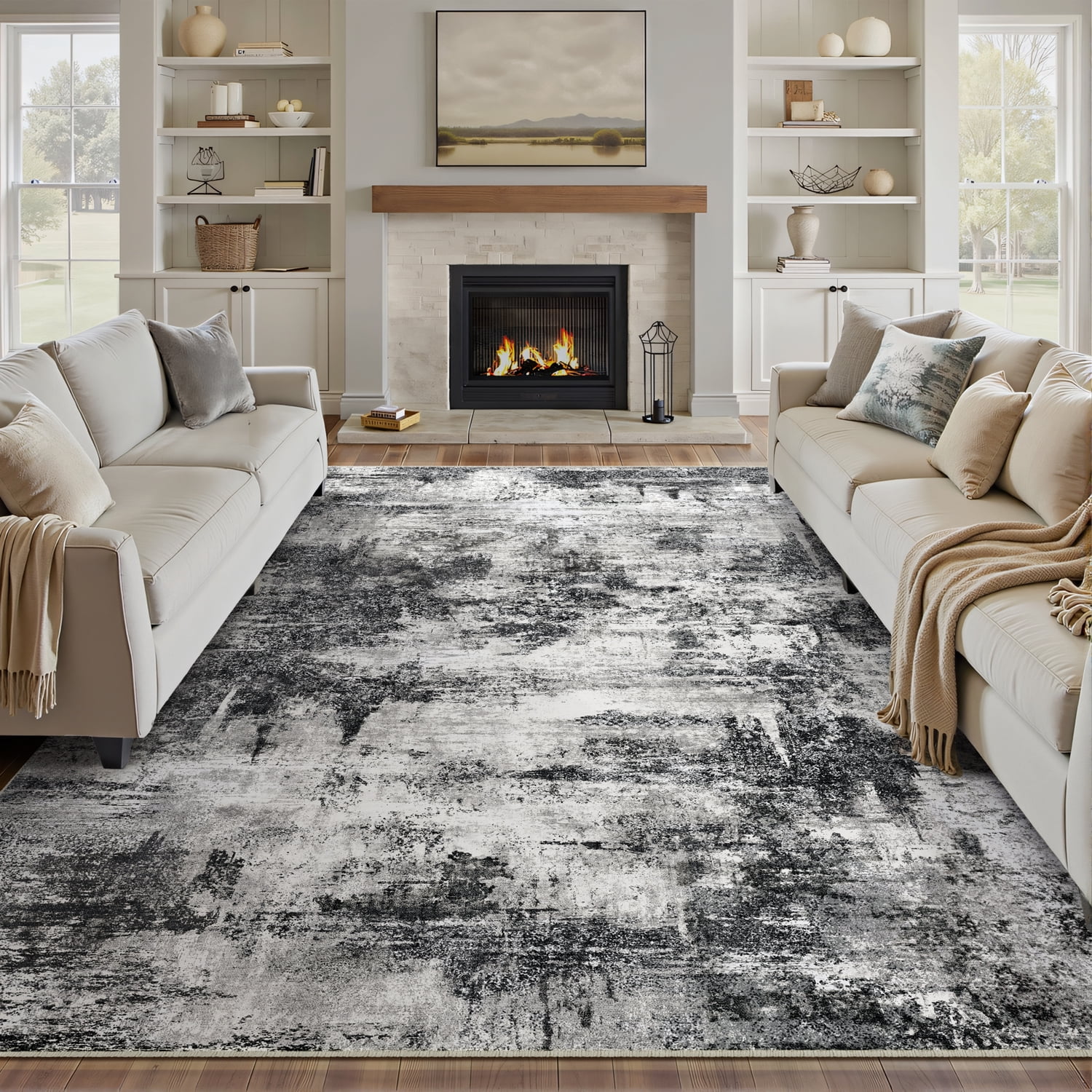 Berthmeer Large Area Rug 8'x10', Black Neutral Abstract Style, Machine ...