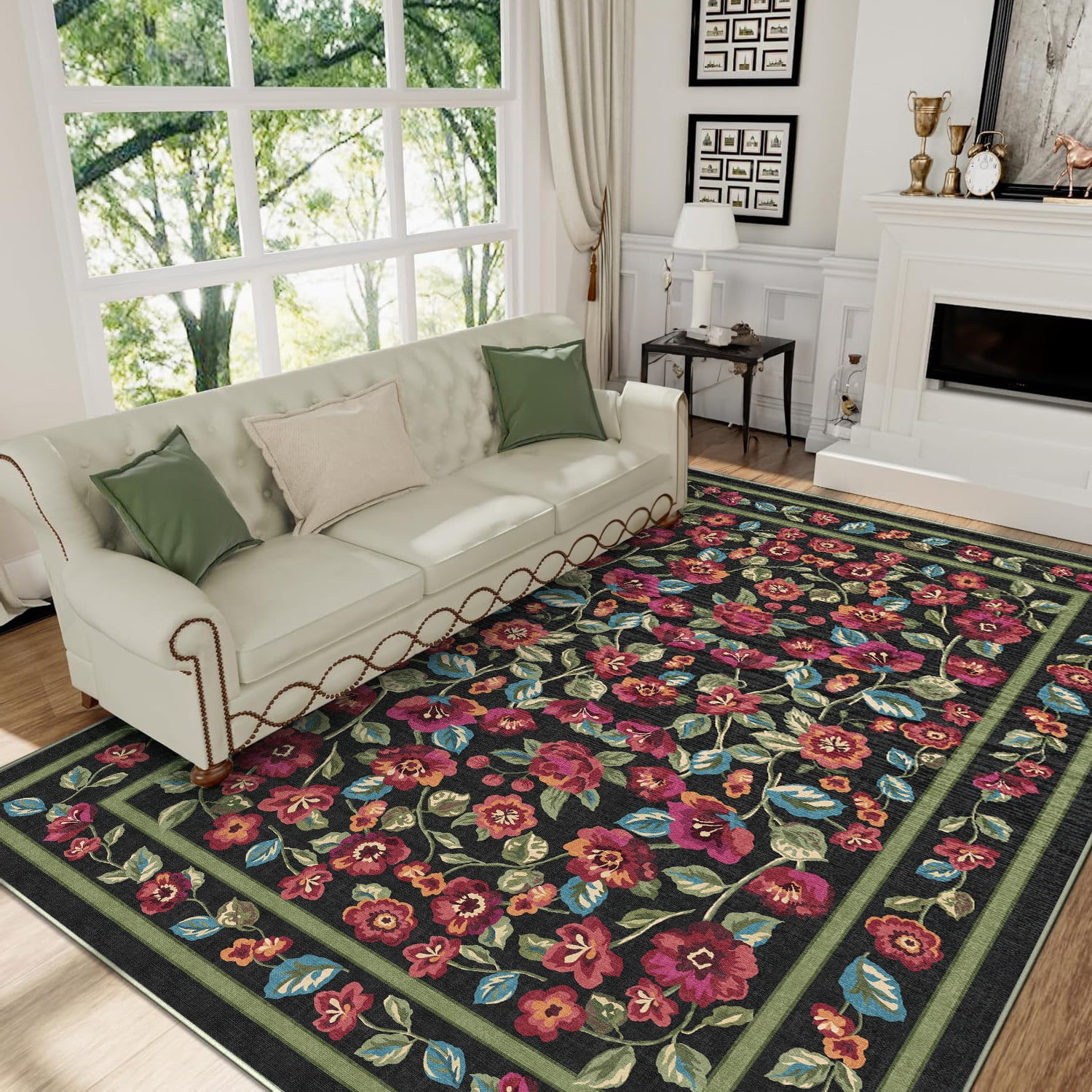 BERTHMEER Large Black Pink Flower Area Rugs 8’x10' Clearance for Living ...