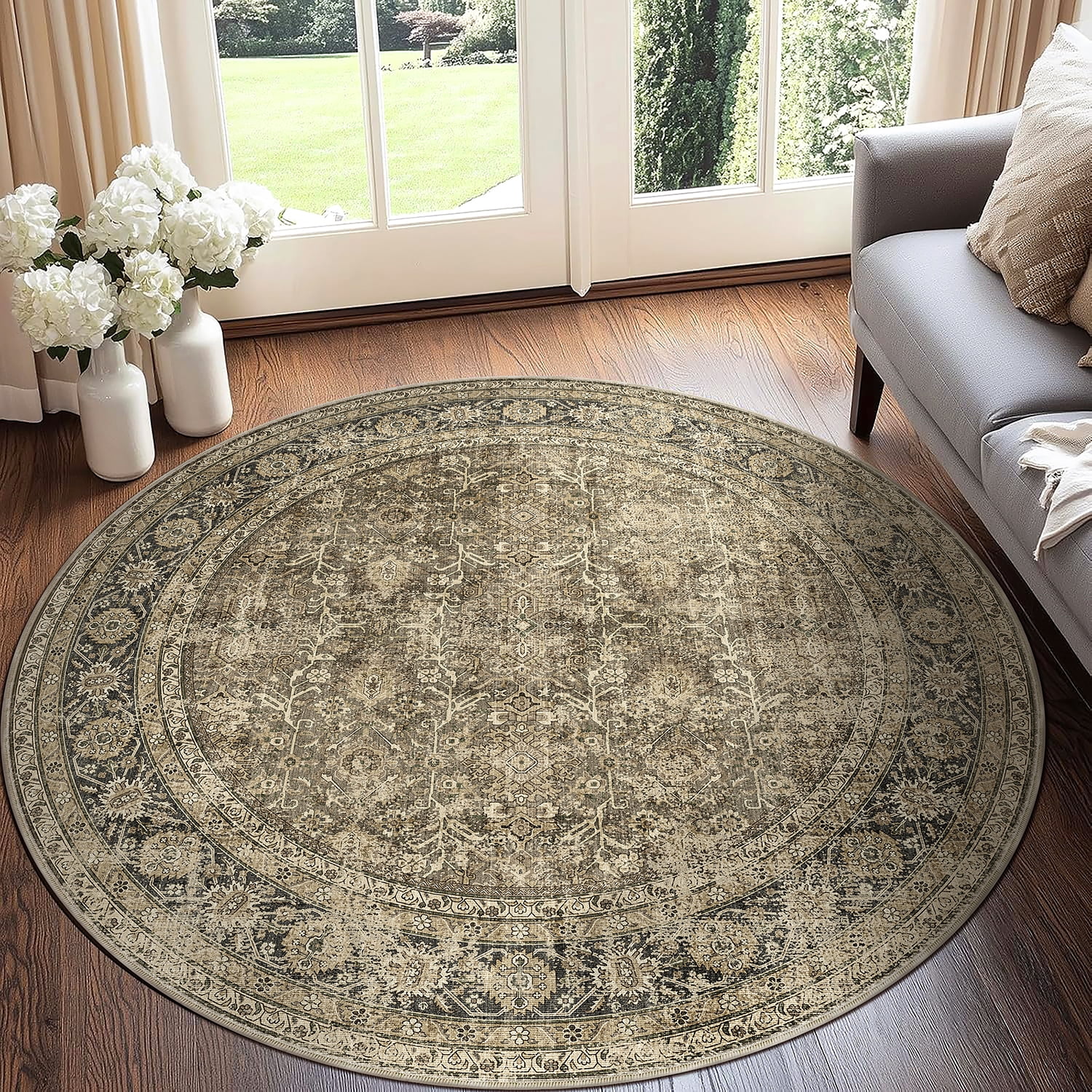 BERTHMEER Round Area Rugs 8'x8' Vintage Washable Rugs for Living Room ...