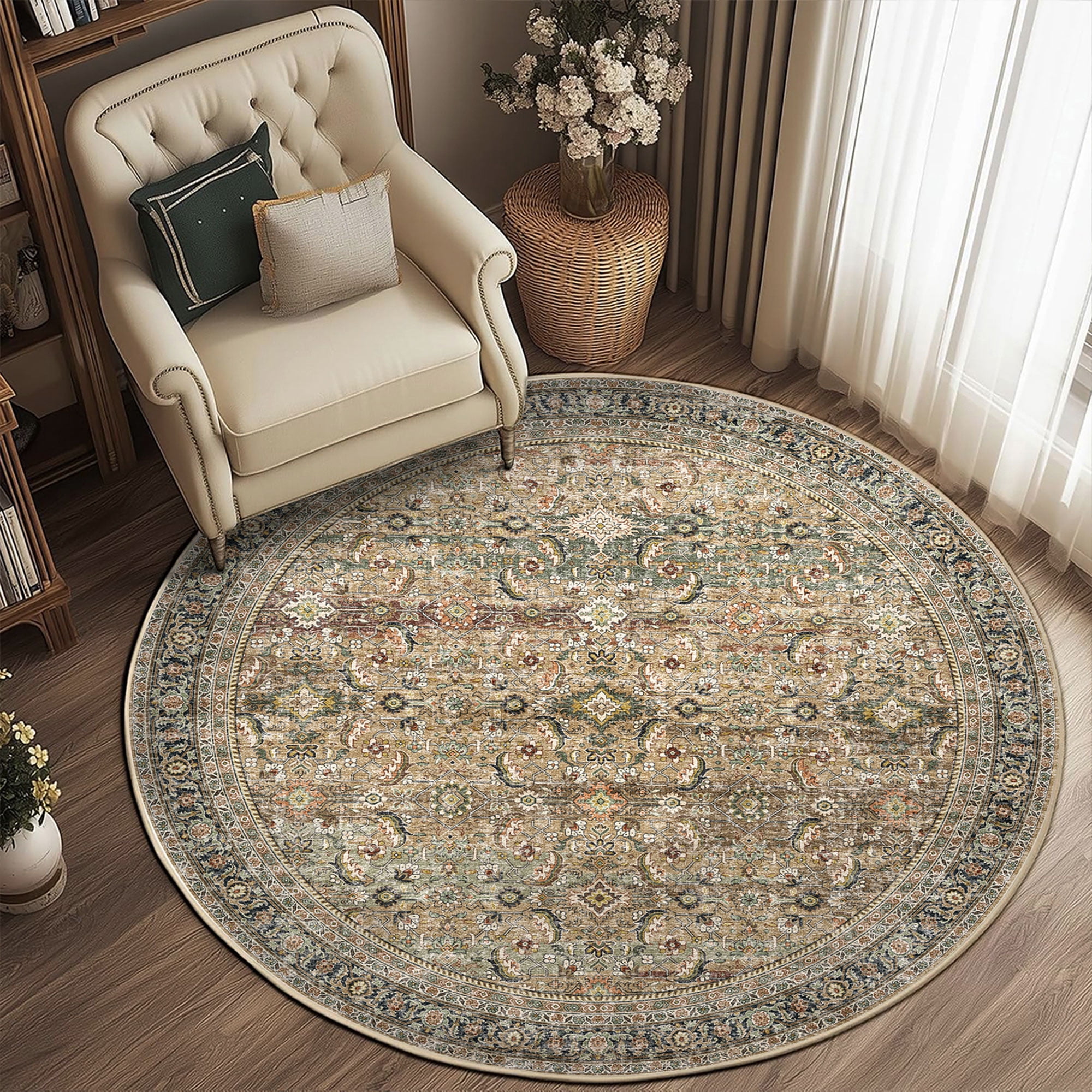 Berthmeer Vintage Brown Round 6'x6' Area Rug, Washable, Distressed ...