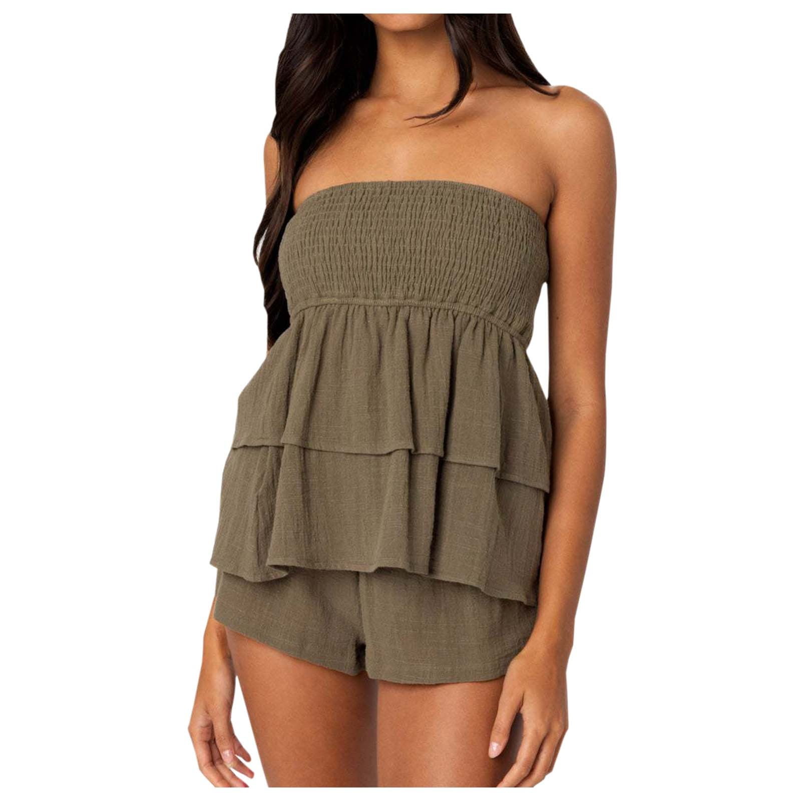 BERYWOLKS Summer Chest Wrapped Sexy Top Off Shoulder Double Layer Pulling Women's Clothing Neon ...