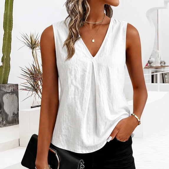 BESEW7 Women's Summer V Neck Sleeveless Tank Tops, Casual Comfy Cotton ...