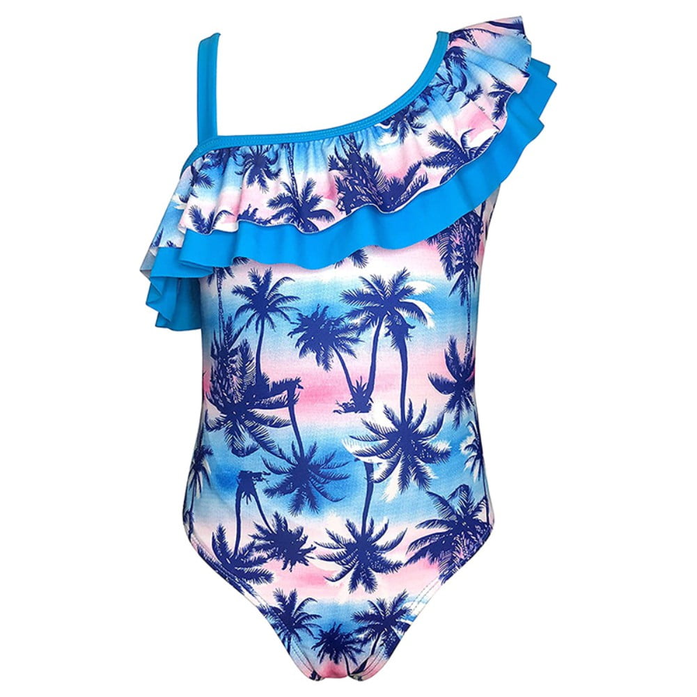 BESLY Girls' Beach Sport Swimsuit Floral Ruffle 1-Shoulder Bathing ...