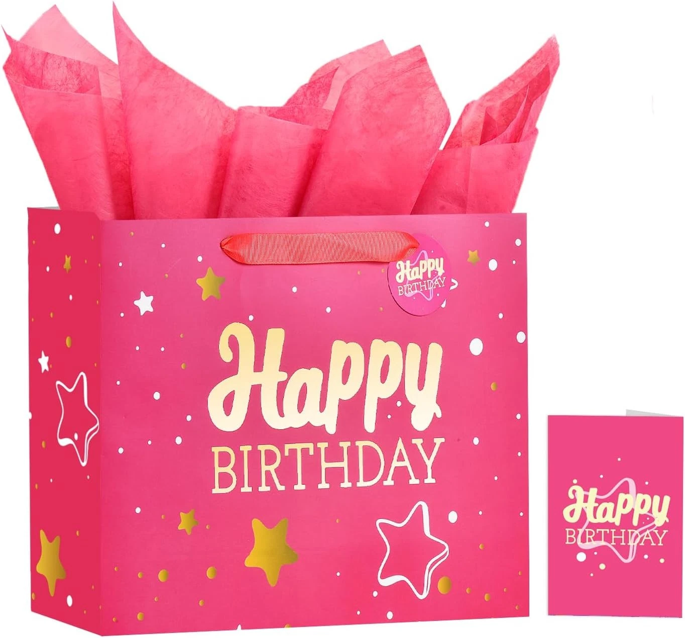BEST- 13" Pink Happy Birthday Gift Bag With Tissue Paper And Greeting ...