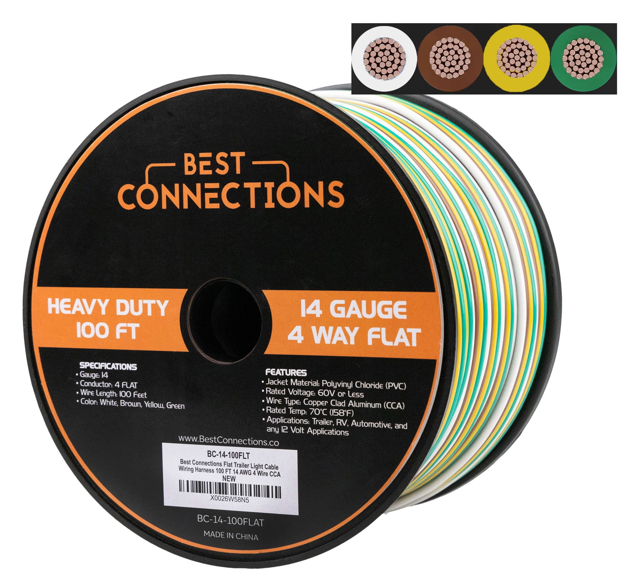 BEST CONNECTIONS 4 Way Bonded Flat Trailer Wire (100 Feet) 14 Gauge 4 ...