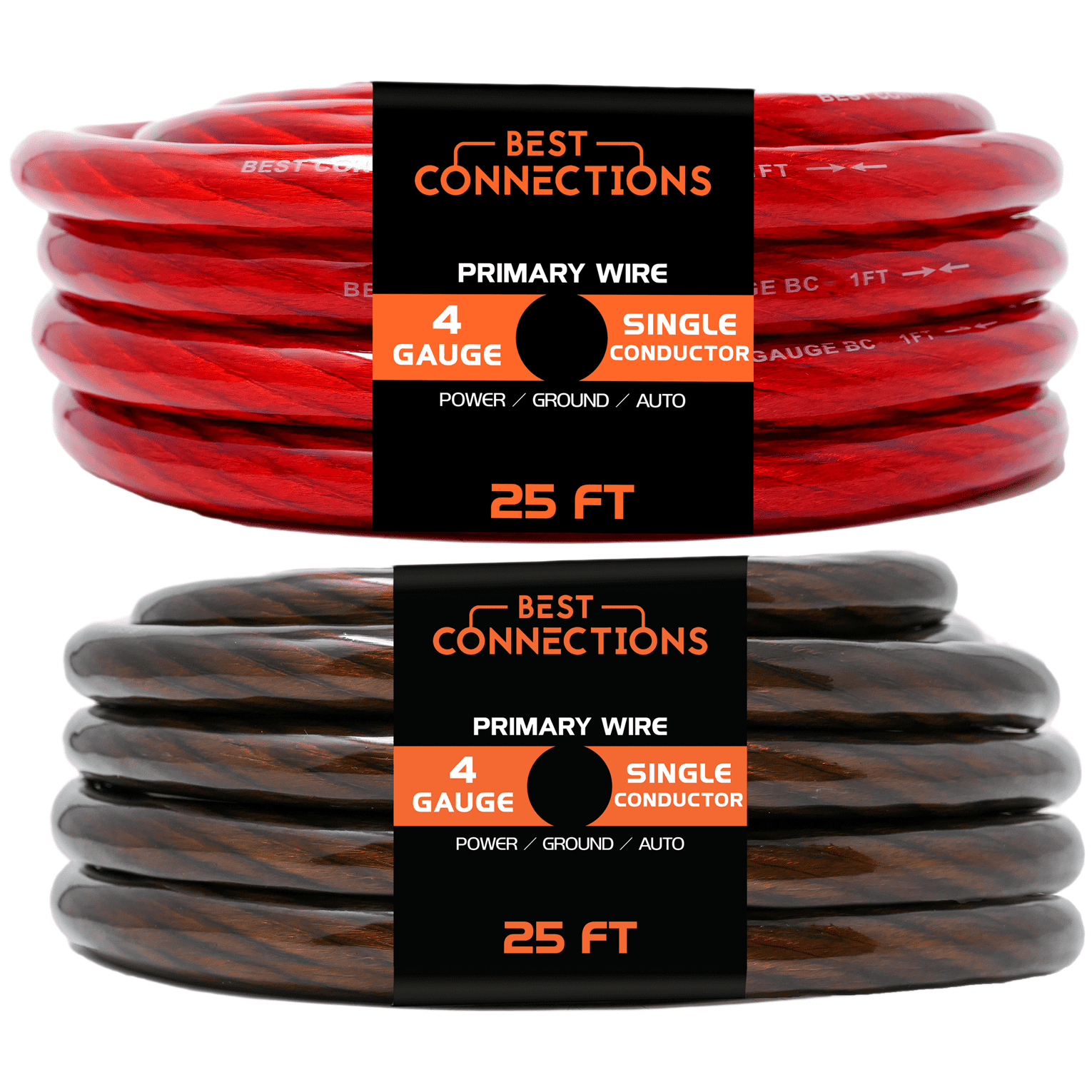 BEST CONNECTIONS 4Ga 25ft each, Black/Red Translucent Car Power/Ground ...