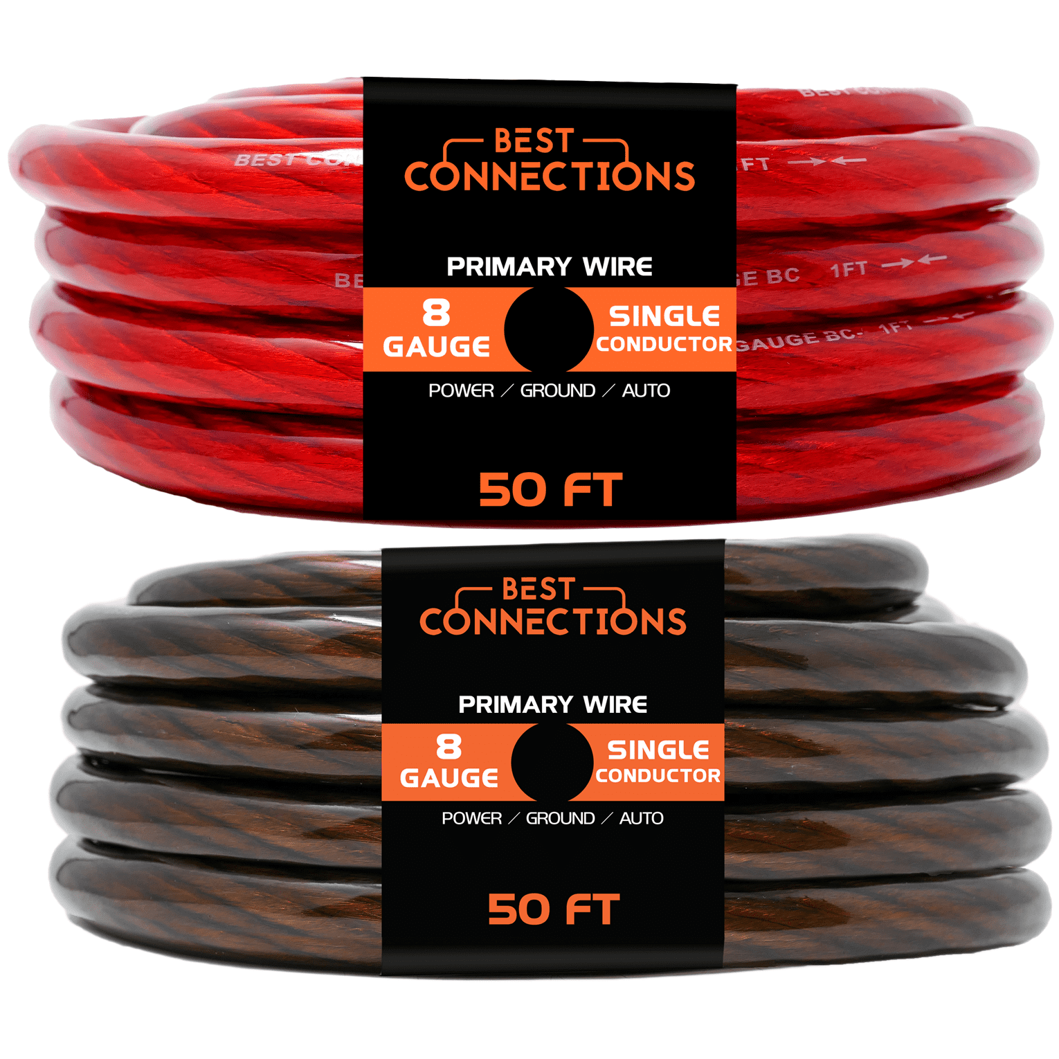 BEST CONNECTIONS 8Ga 50ft each Black/Red Translucent Car Power/Ground ...