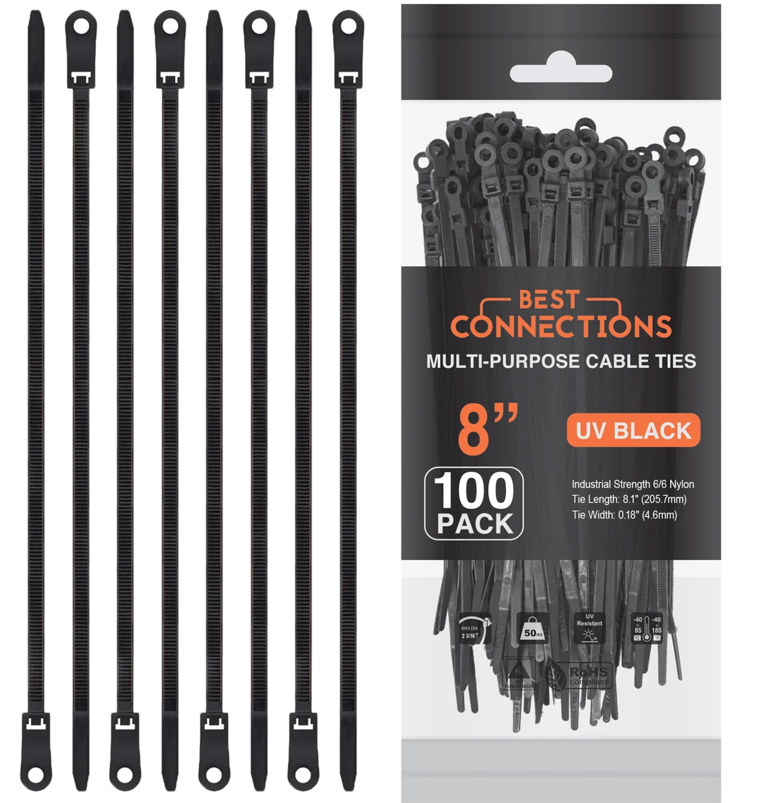 Best Connections Cable Ties, 8 Inch, Black, 50 Lb Tensile Strength, 100 ...
