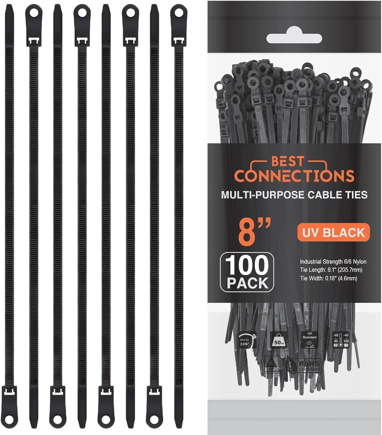 BEST CONNECTIONS Black Cable Ties 8 inches with Screw Down Hole for ...