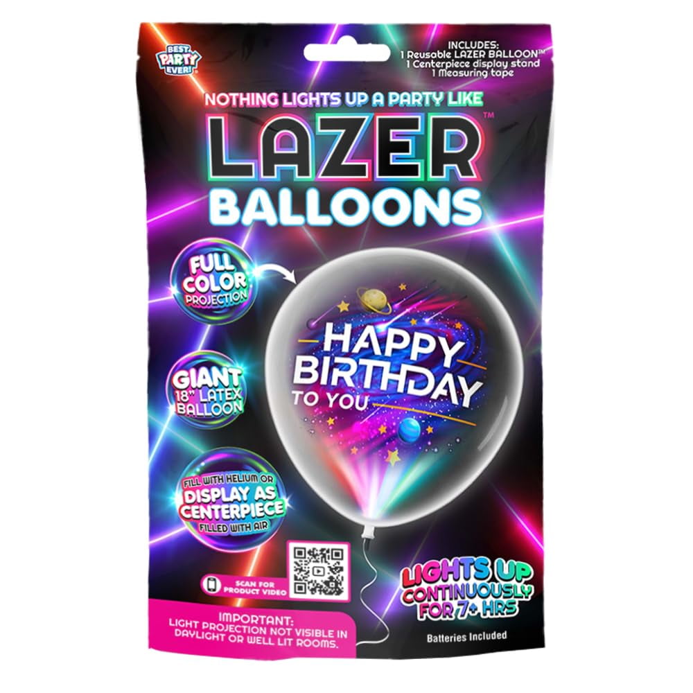 BEST PARTY EVER! Lazer Balloons 18” AFN1Happy Birthday Outer Space Light Up Balloon, Giant Birth ...