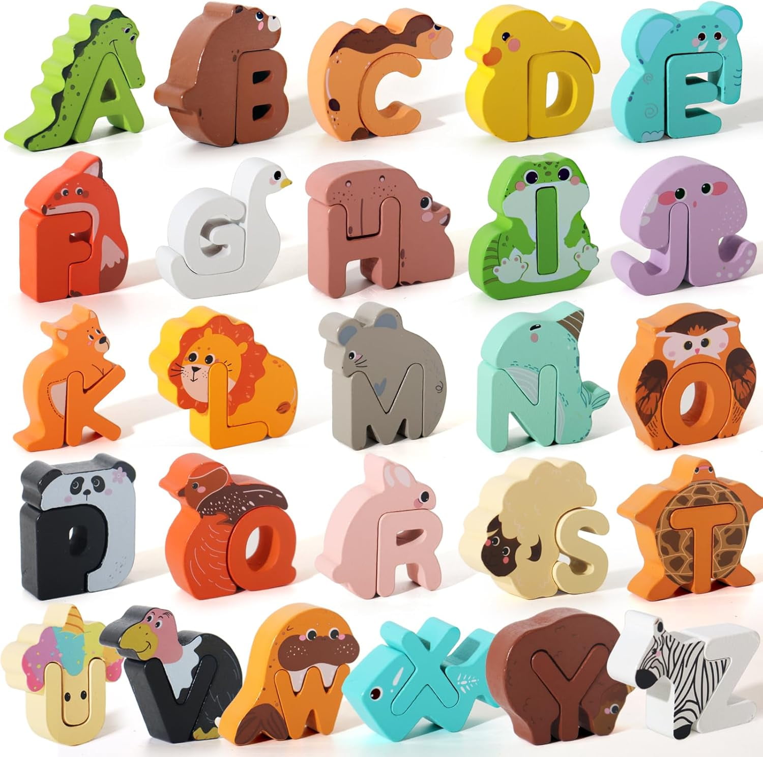 BESTAMTOY 52 Pieces Matching Game, Wooden Alphabet Animal Puzzles for ...