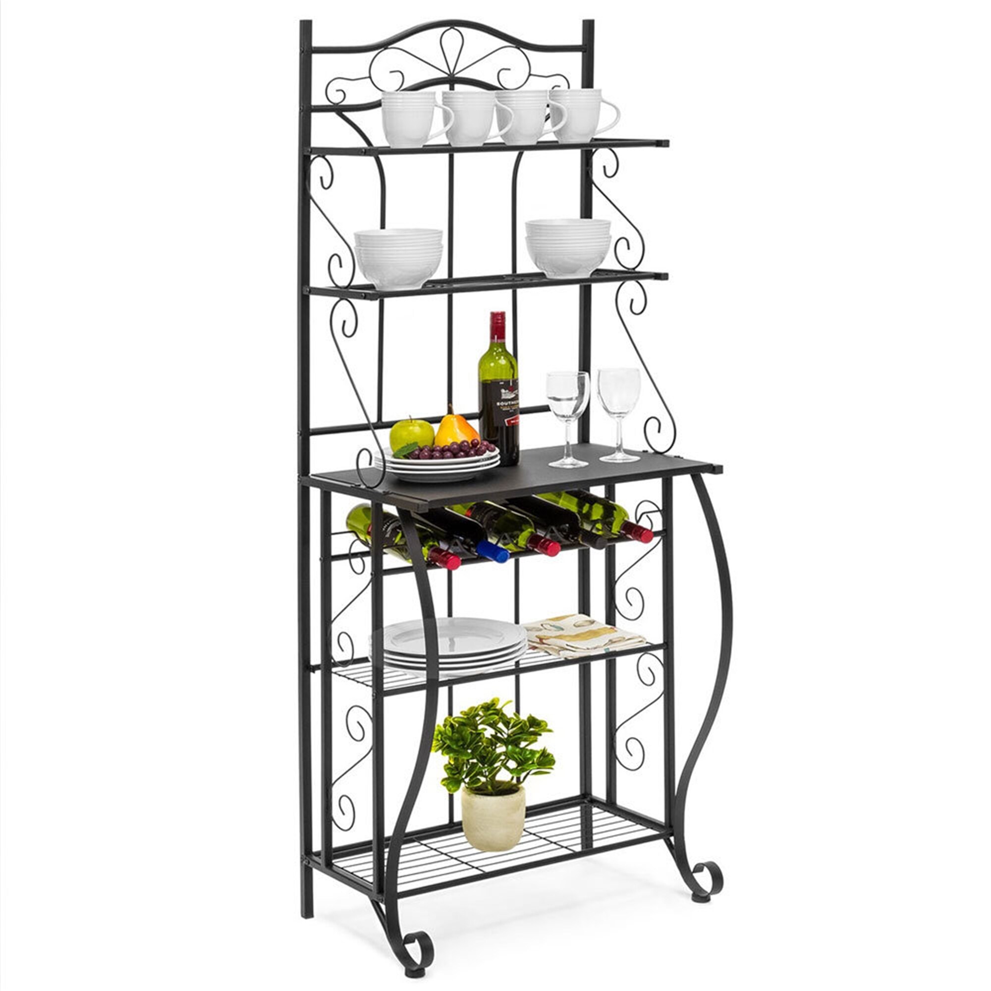 BESTCOSTY 5-Tier Metal Kitchen Rack with Wine Storage Organizer ...