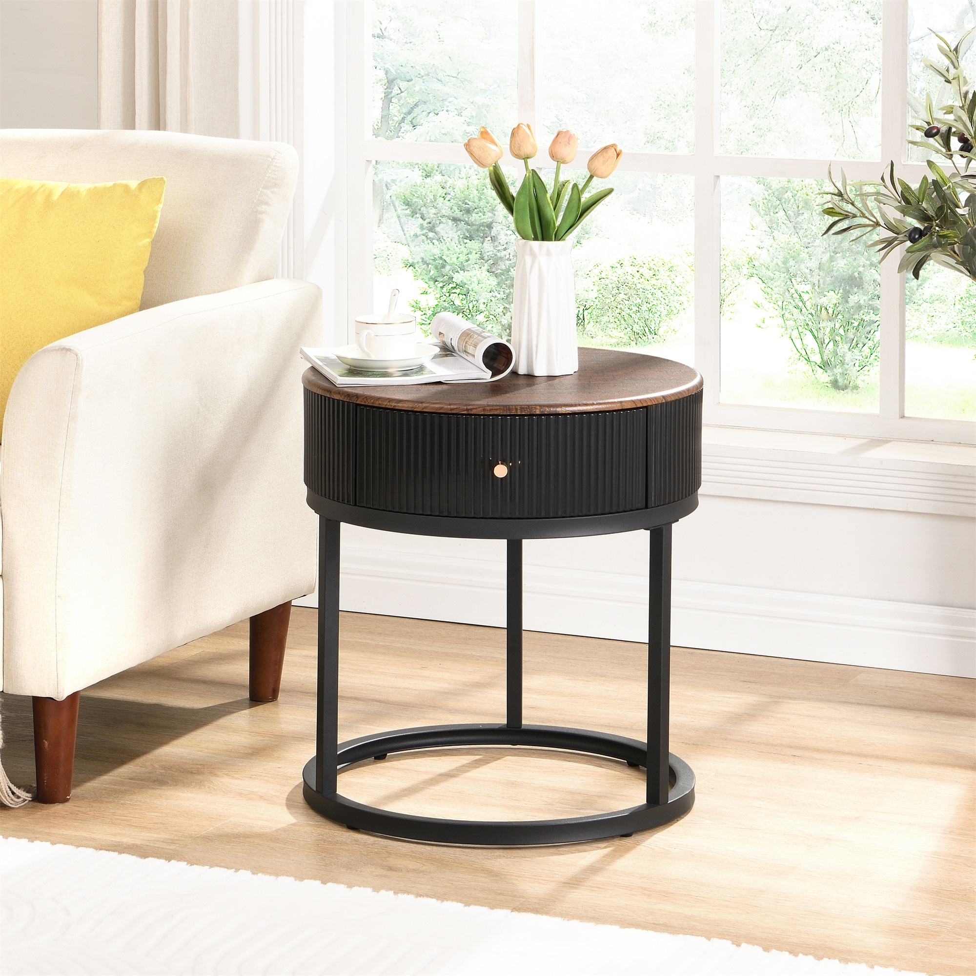 BESTCOSTY Modern Round Nightstand with Drawer Black - Walmart.com
