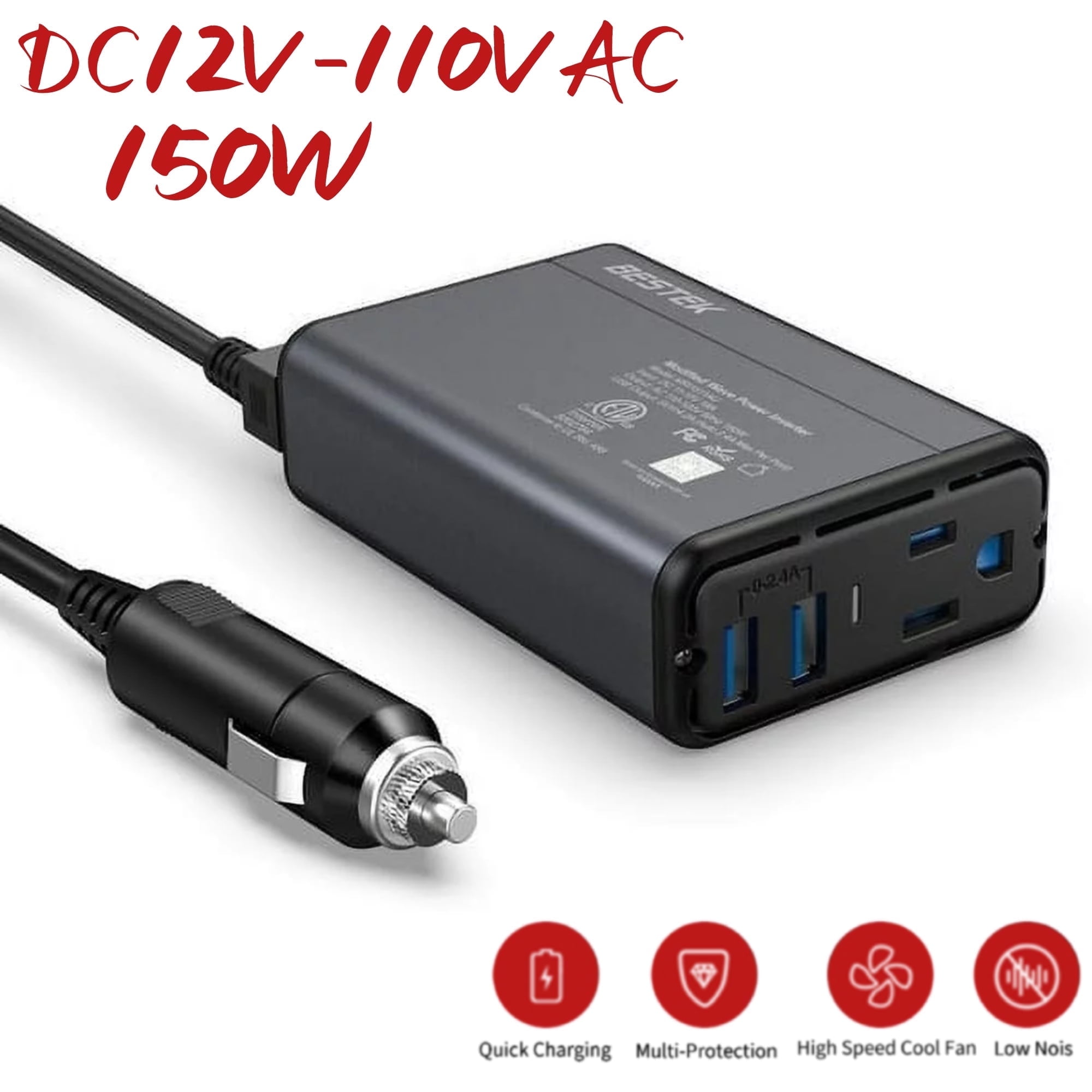 BESTEK Power Inverter, 150W, DC 12V to 110V AC Car Converter Adapter ...