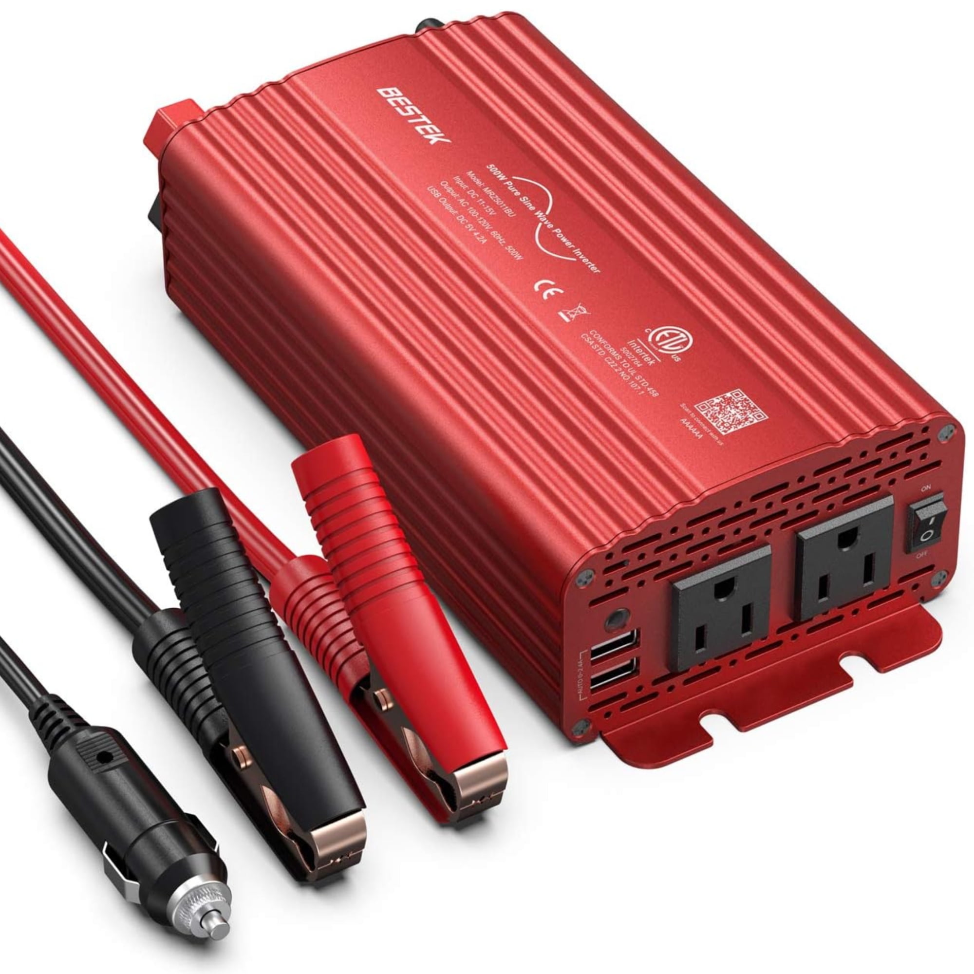BESTEK 500W Pure Sine Wave Power Inverter DC 12V to 110V AC Car Plug ...