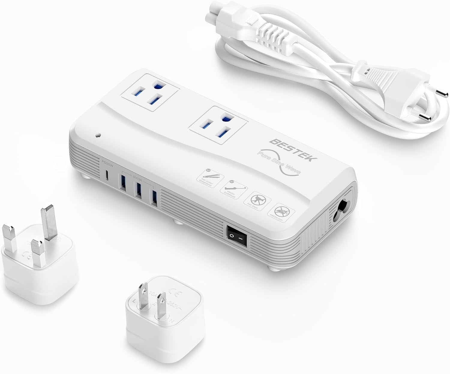 BESTEK Pure Sine Wave Voltage Converter 220V to 110V, 200W Universal Travel Adapter with 35W PD ...